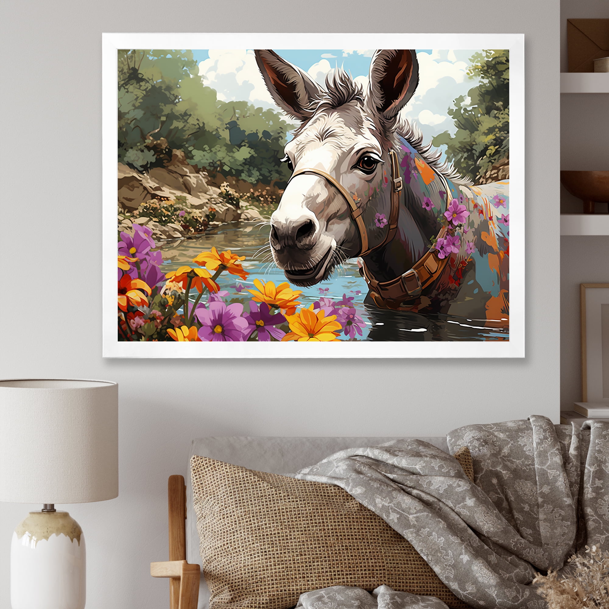 Designart "Flower Charm of Farmhouse Donkeys III" Animals Framed Wall ...