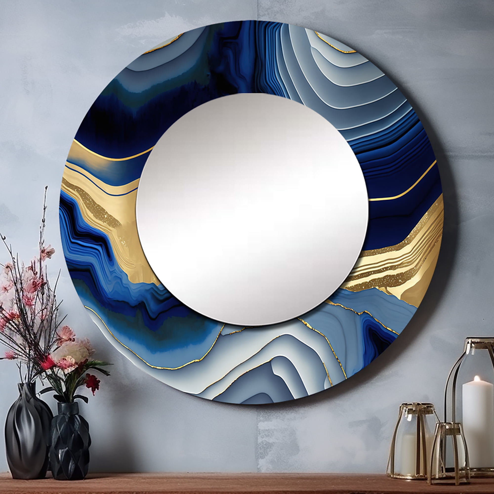 Designart "Flowing Vibrant Blue and Gold Art I" Abstract Rund Mirror ...