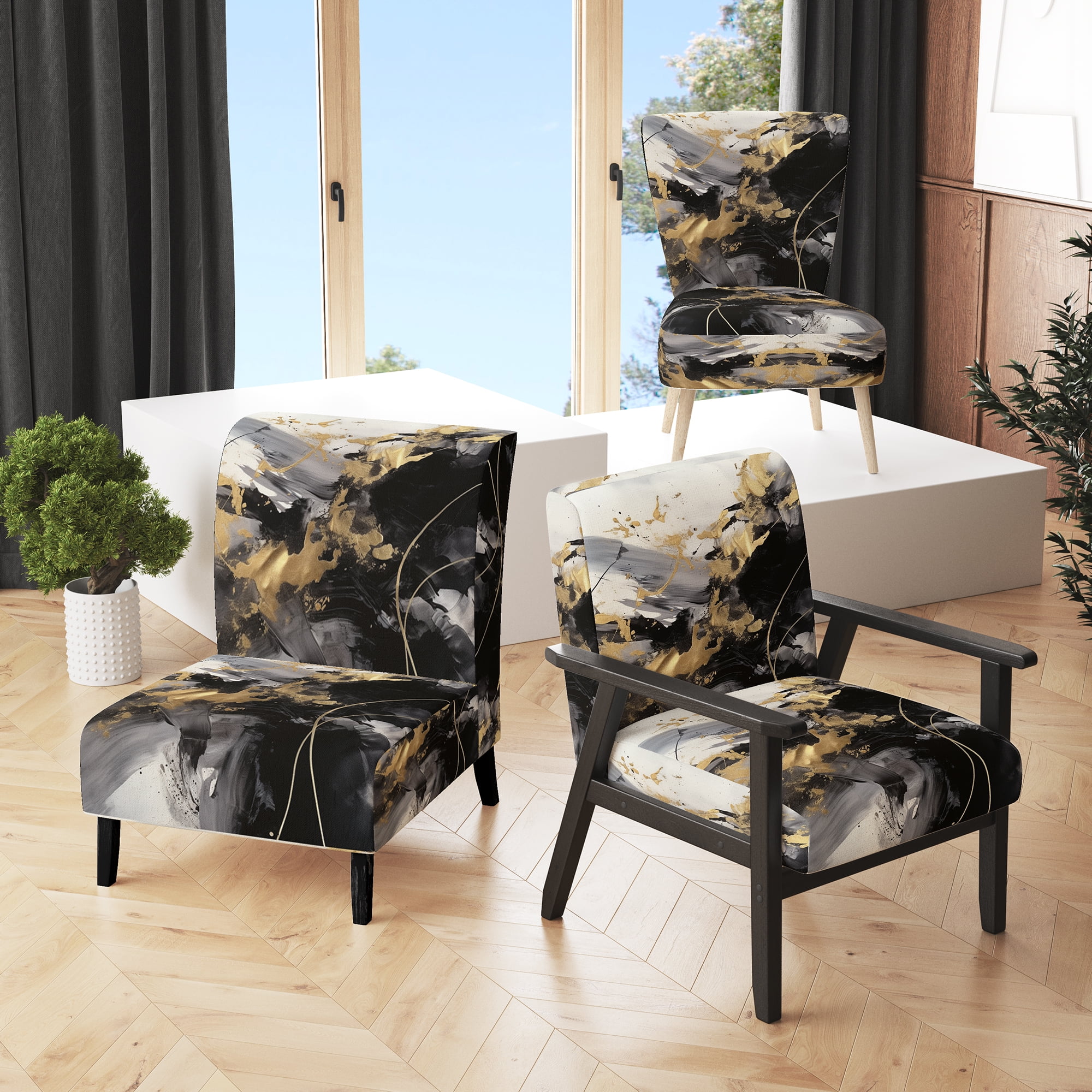 Designart "Fluid Fusion in Gold and Grey I" Gold Abstract Upholstered ...