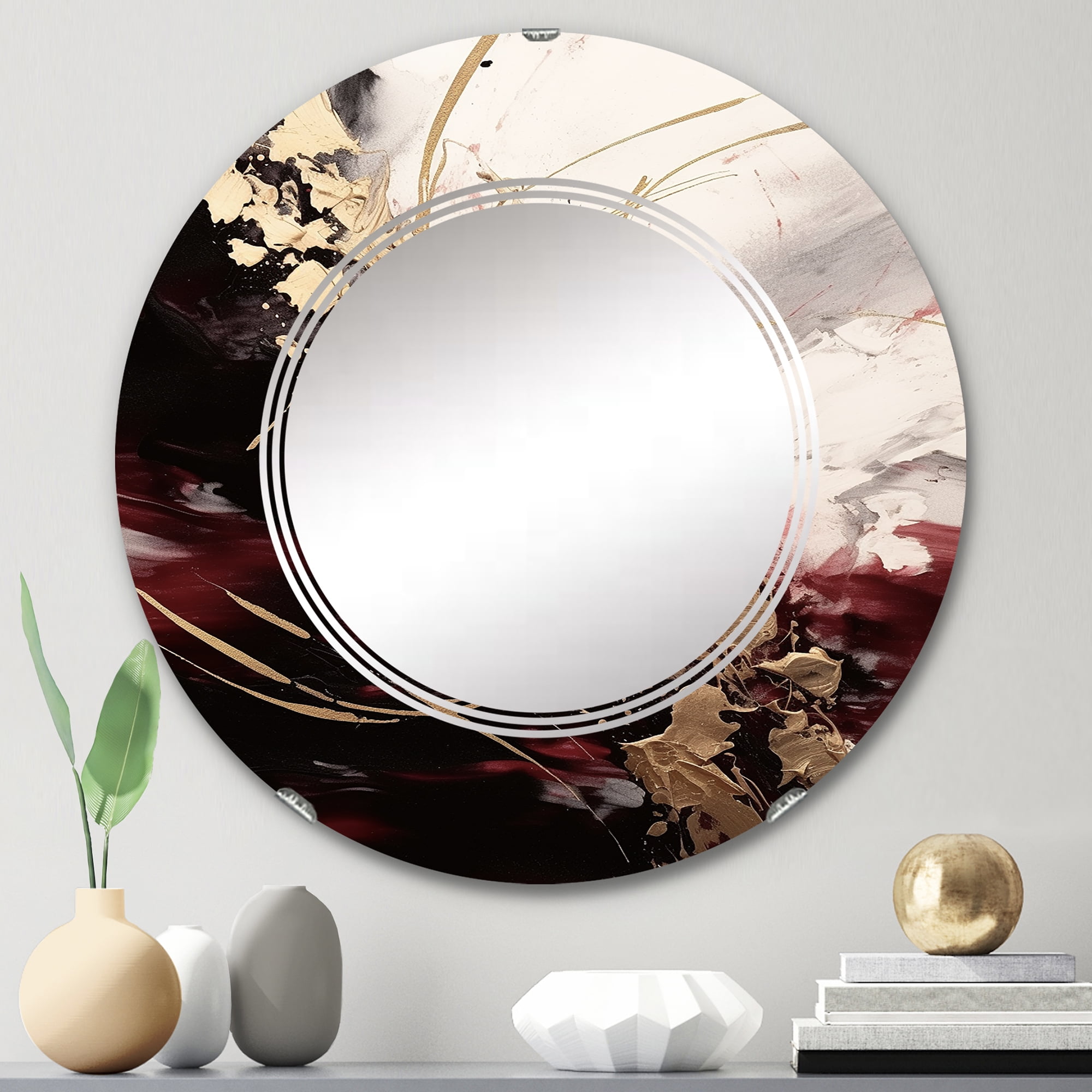 Designart "Fluid Fusion in Gold and Red I" Abstract Round Wall Mirror ...
