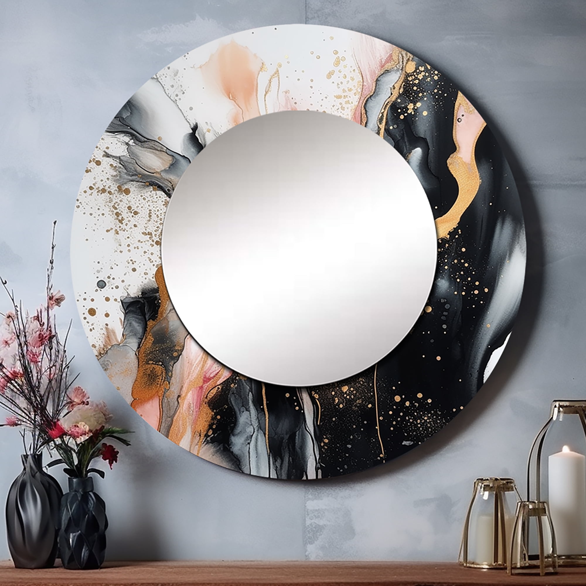 Designart "Fluid Stone in Black and Gold" Abstract Marble Round Mirror ...