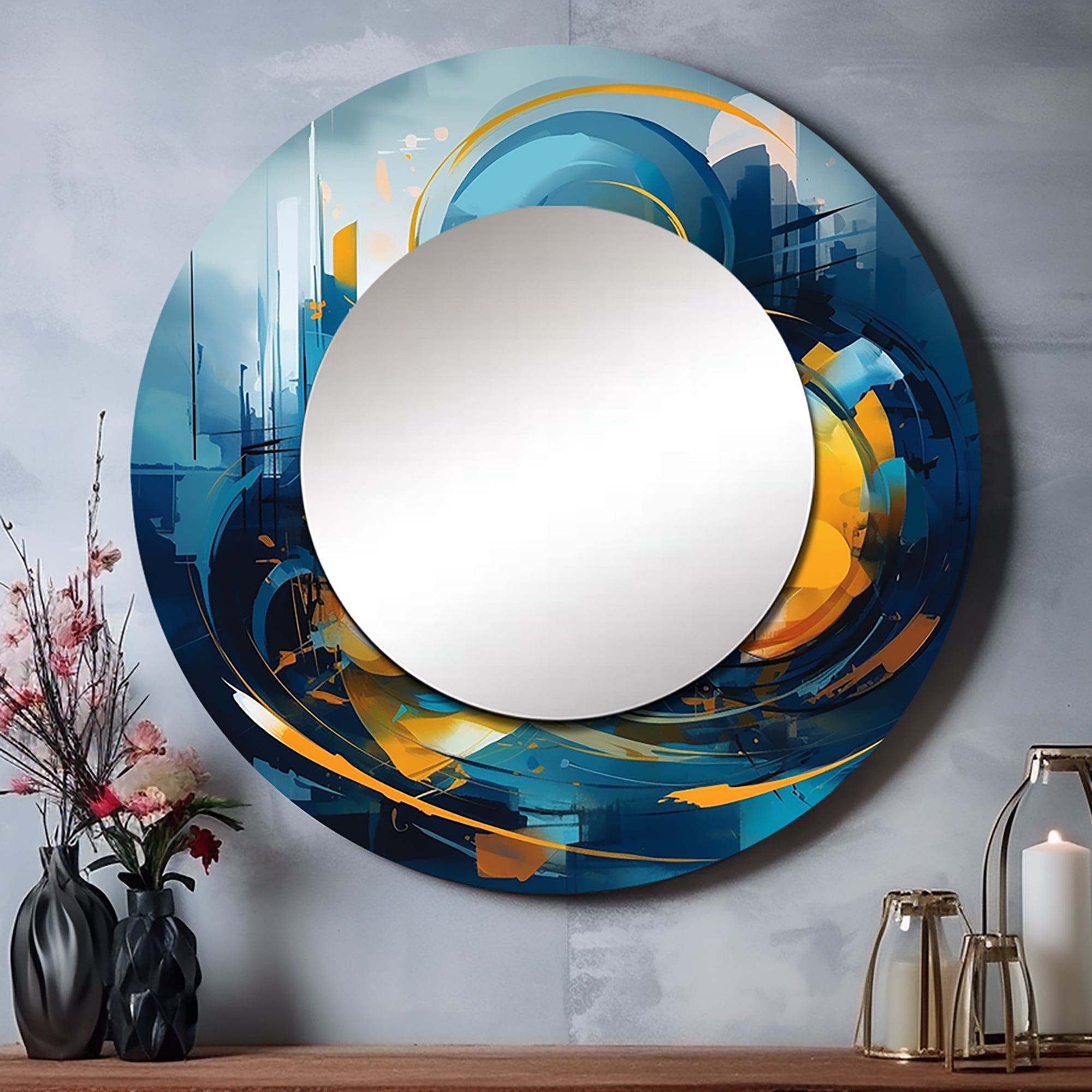 Designart "Fluid Stone Blue and Yellow I" Abstract Marble Rund Mirror ...