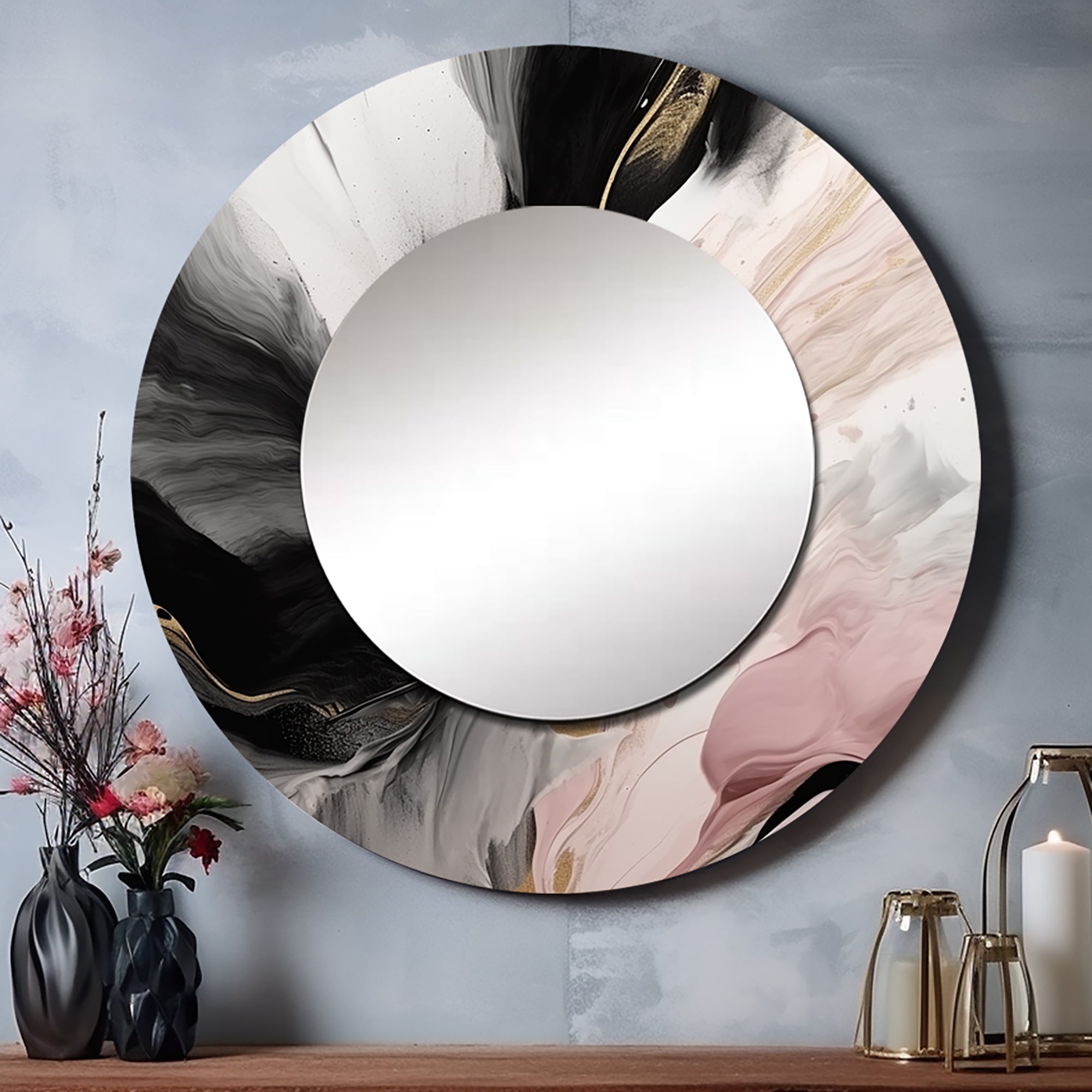 Designart "Fluid Stone in Pink and Gold" Abstract Marble Rund Mirror ...