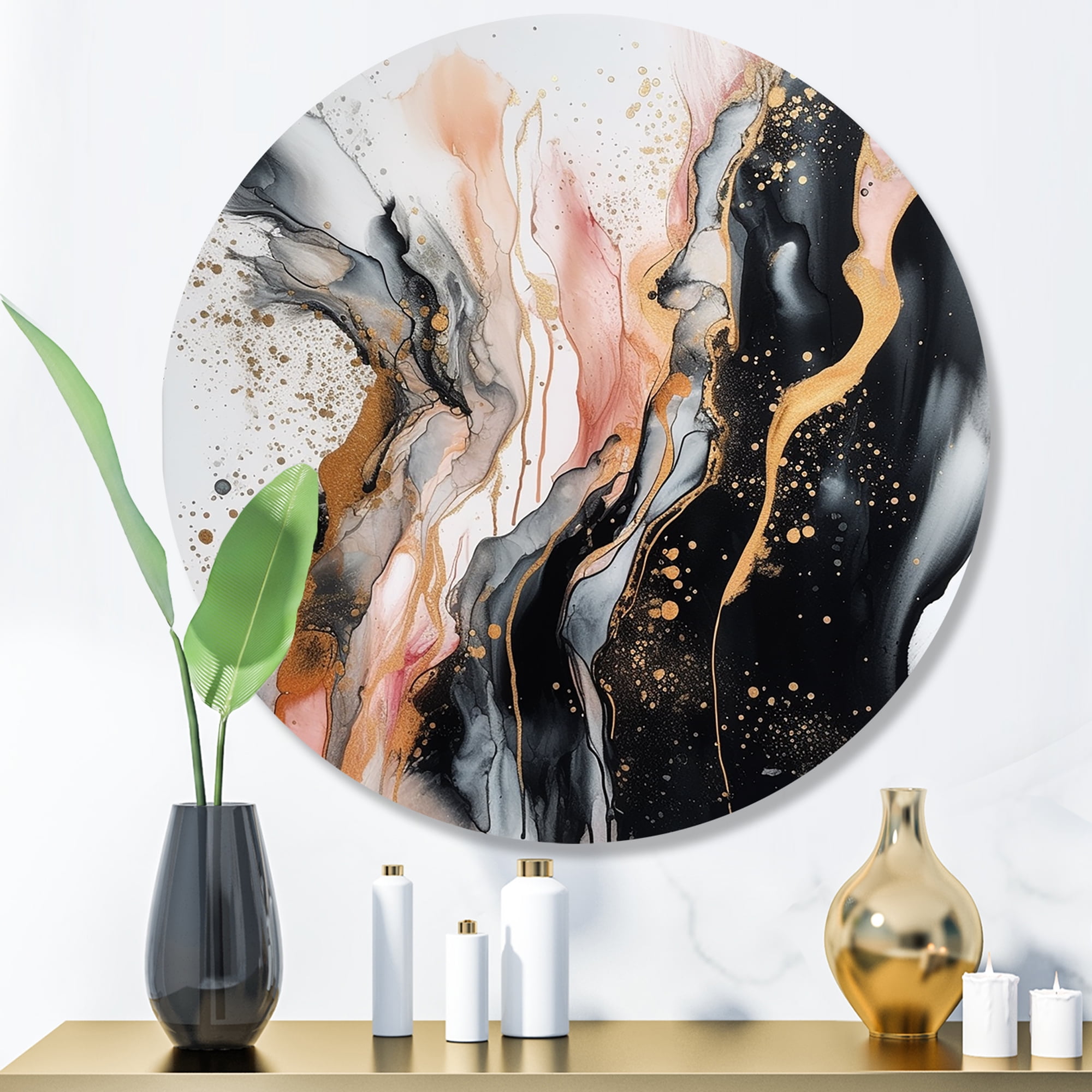 Designart "Fluid Stone in Black and Gold" Abstract Marble Metal Round ...