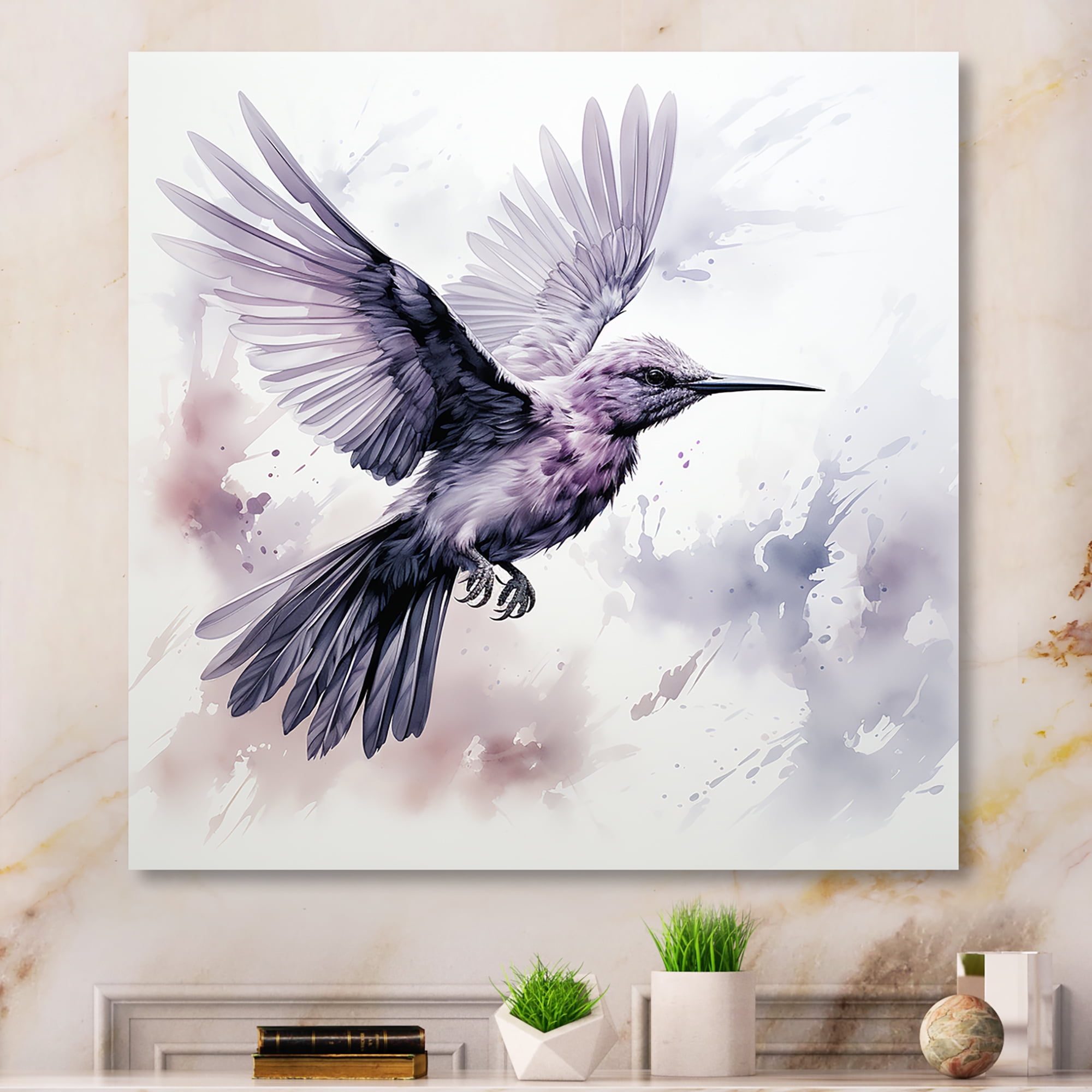 Designart "Fluttering Hummingbird Blooms in Grey IV" Animals Wall Art ...