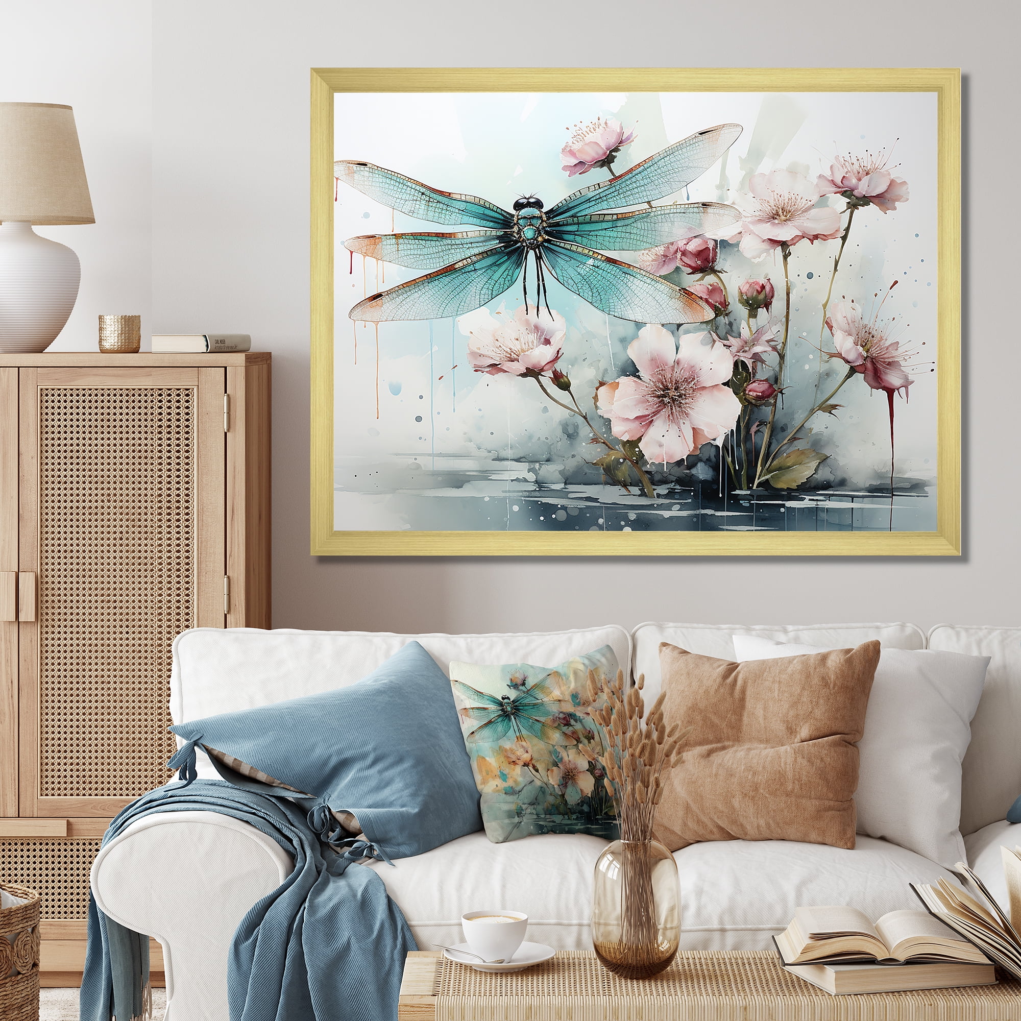 Designart "Flying Dragonfly Amid Green and Pink Flowers by the Pond ...