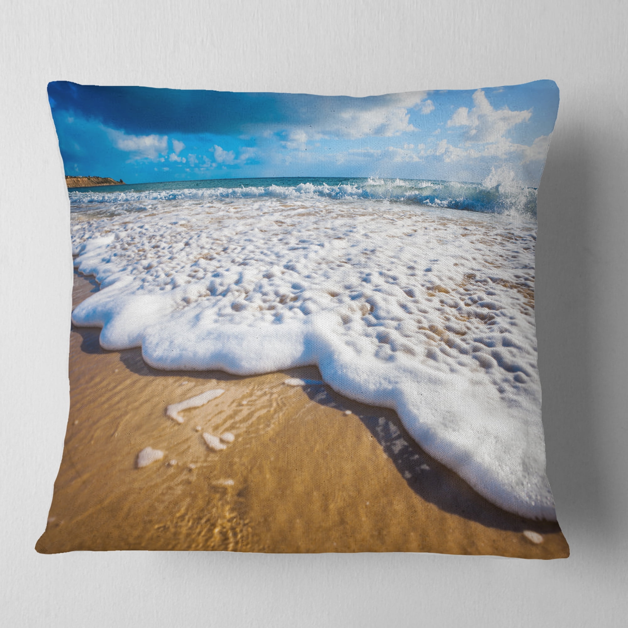 Designart Foaming Ocean Waves on Sand - Seascape Throw Pillow - 16x16 ...
