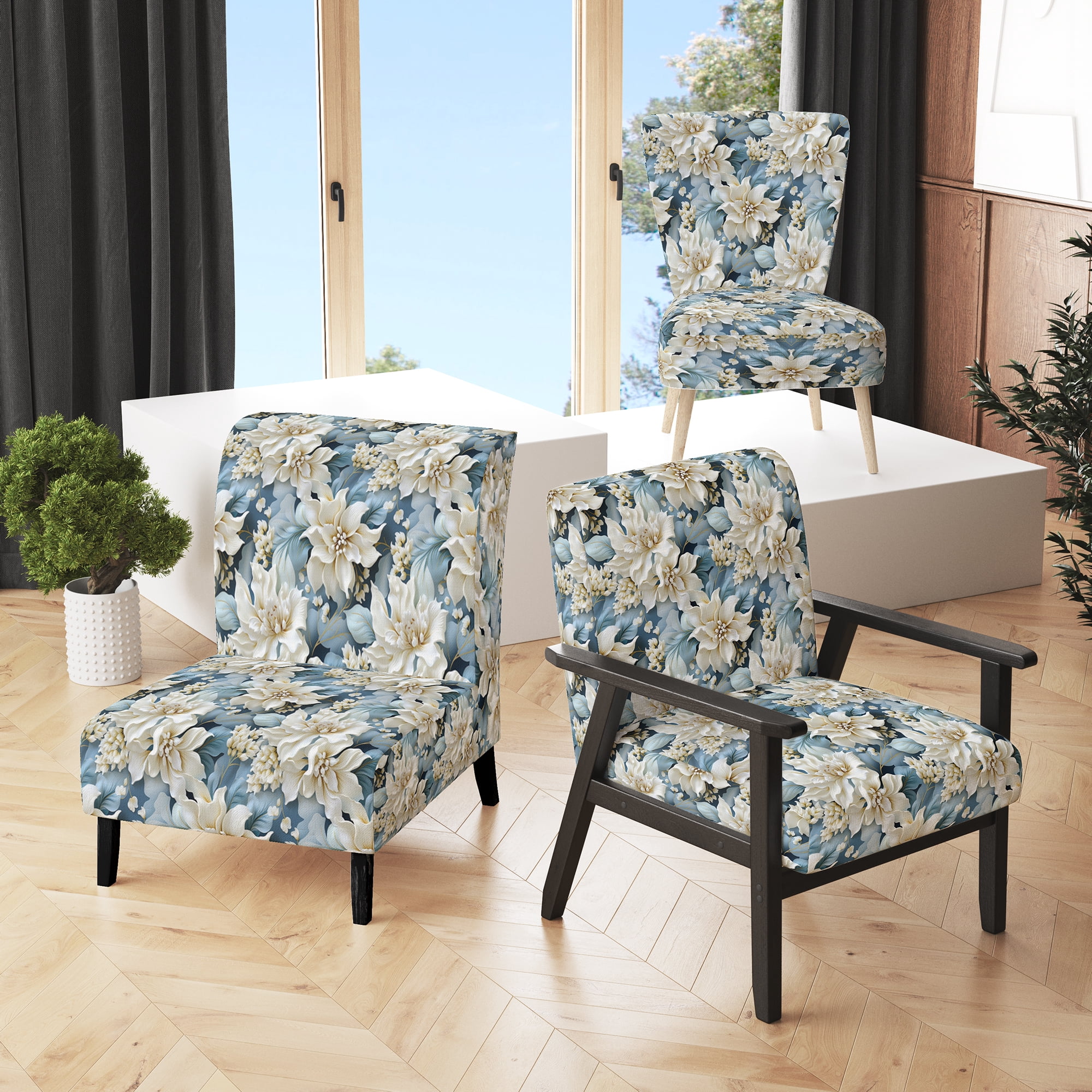 Designart "Foggy Blue Floral Damask I" Blue Damask Upholstered Accent ...