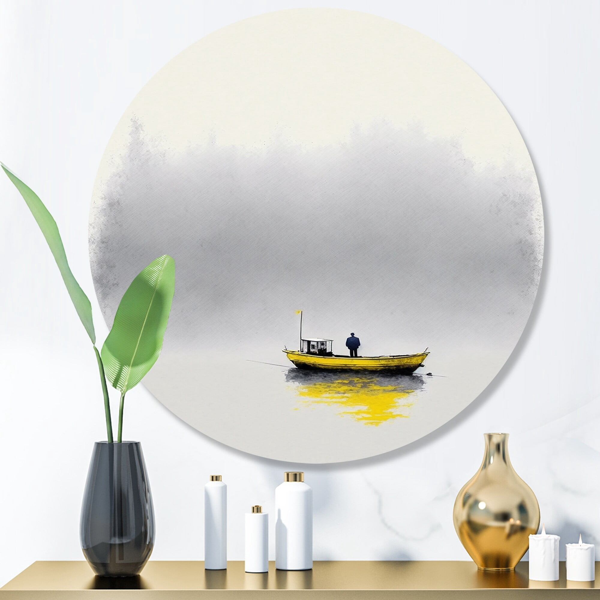 Designart "Foggy Lake Yellow Boat I" Coastal Boat Metal Round Wall ...