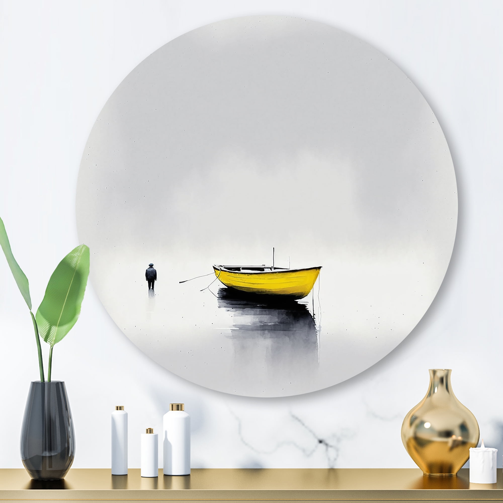 Designart "Foggy Lake Yellow Boat II" Coastal Boat Metal Round Wall Art ...