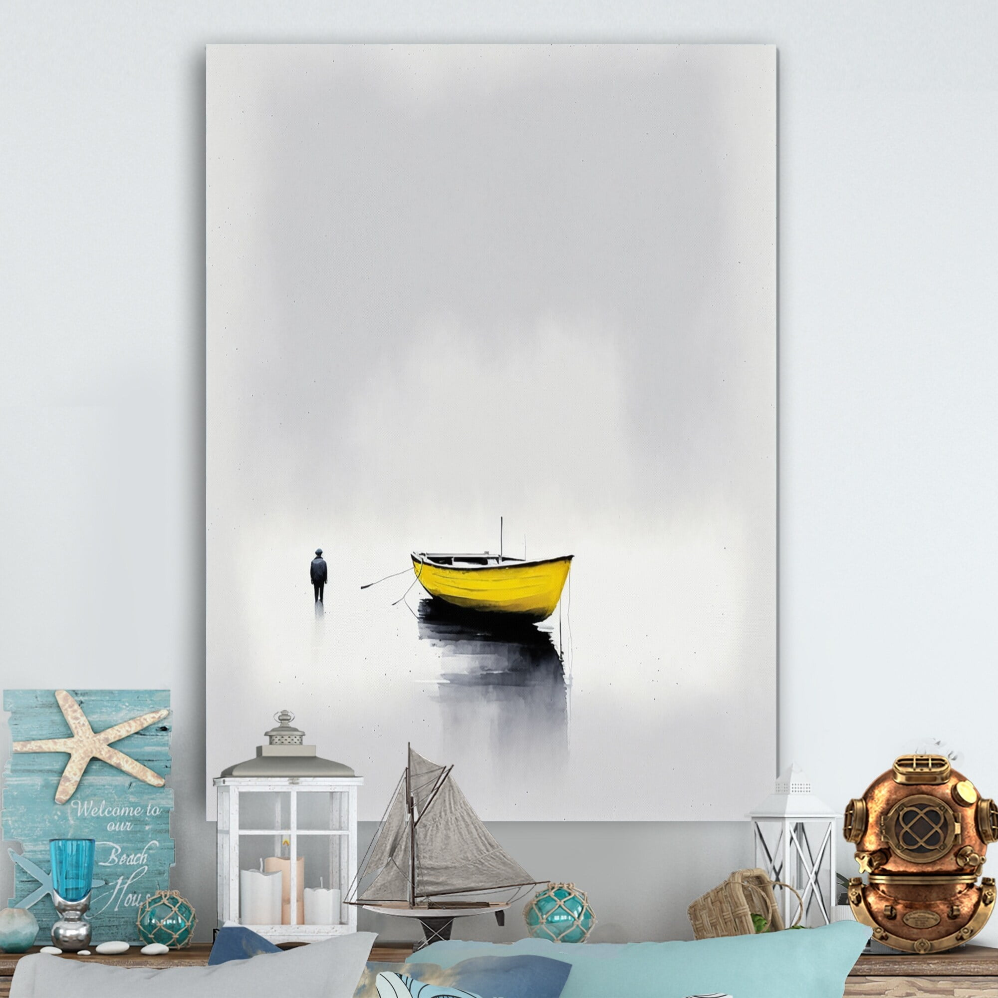 Designart "Foggy Lake Yellow Boat II" Coastal Boat Metal Wall Decor ...