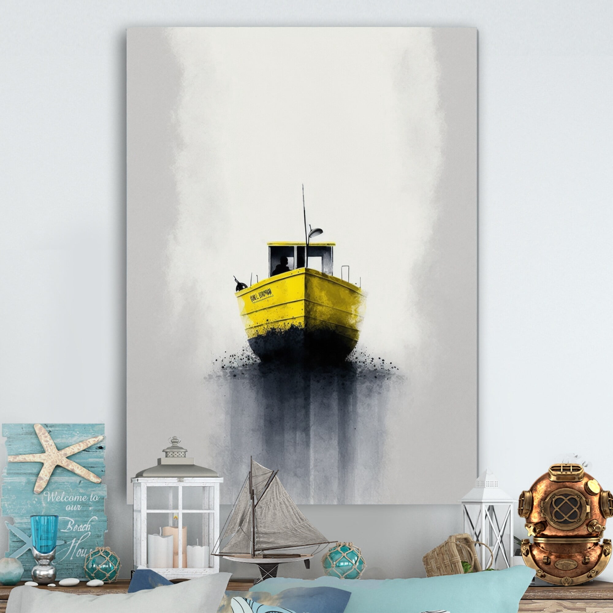 Designart "Foggy Lake Yellow Boat III" Coastal Boat Metal Wall Art ...