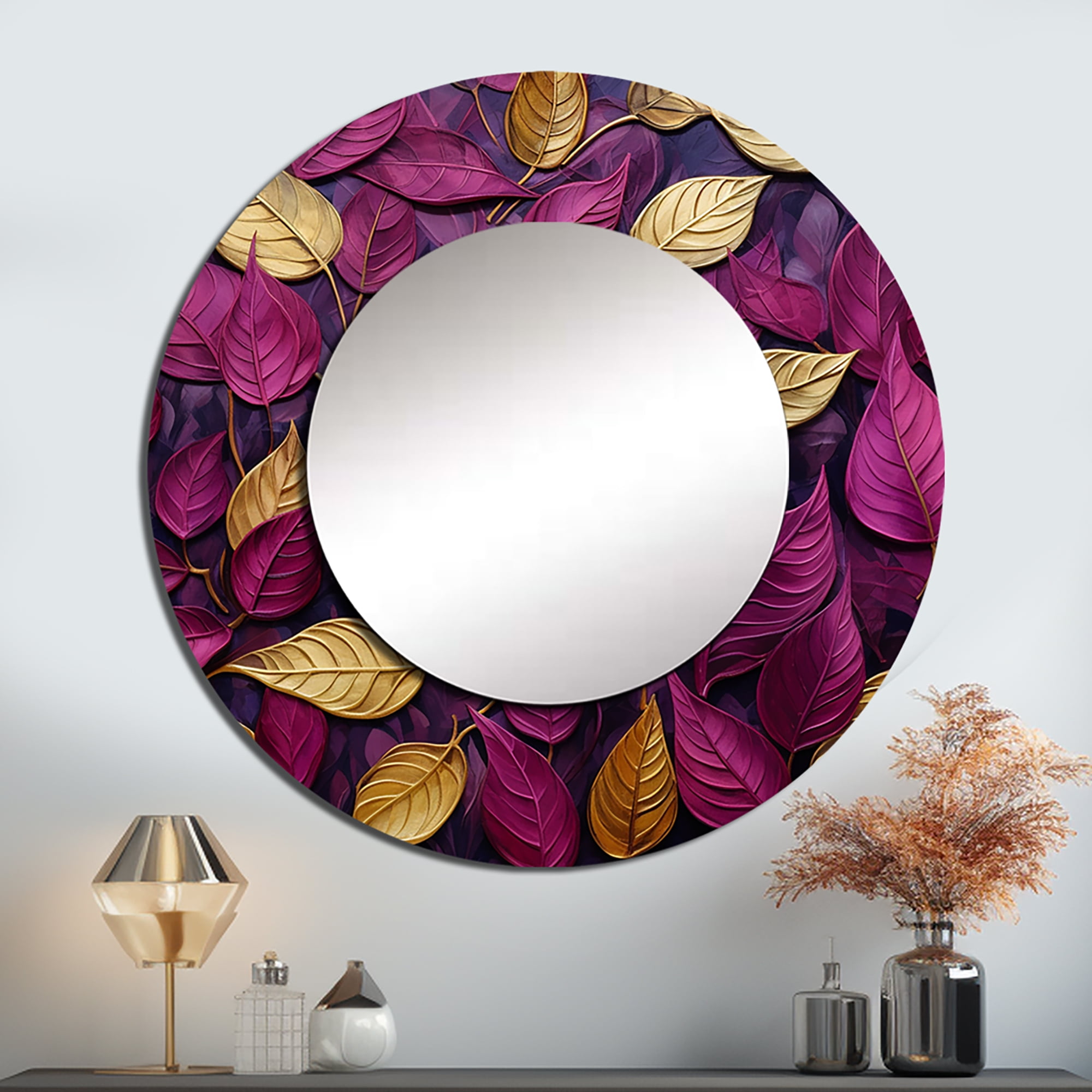 Designart "Foliage Adorned with Gold and Pink Charm I" Leaves Rund ...