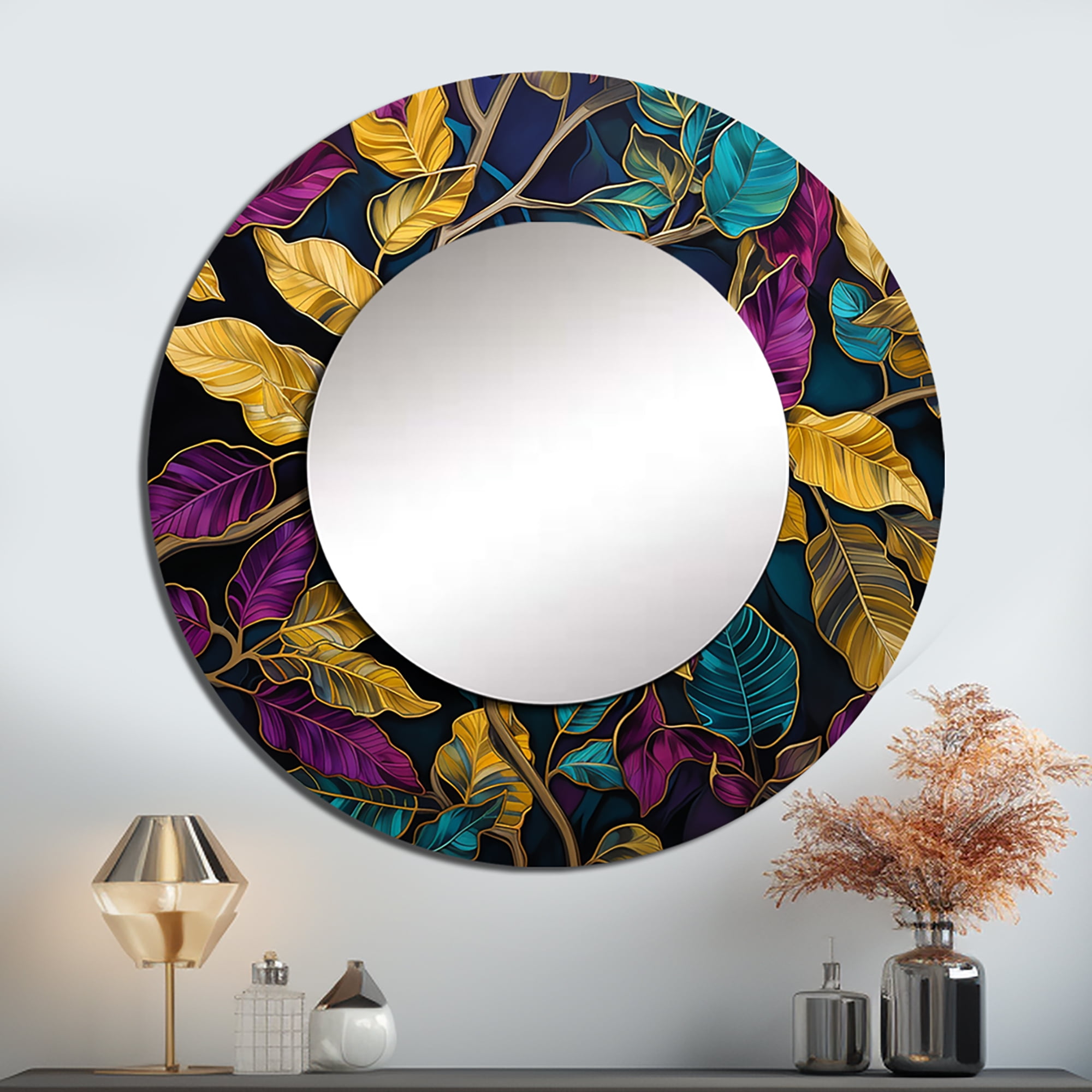 Designart "Foliage With Colorful Charm" Leaves Round Mirror Wall Decor ...