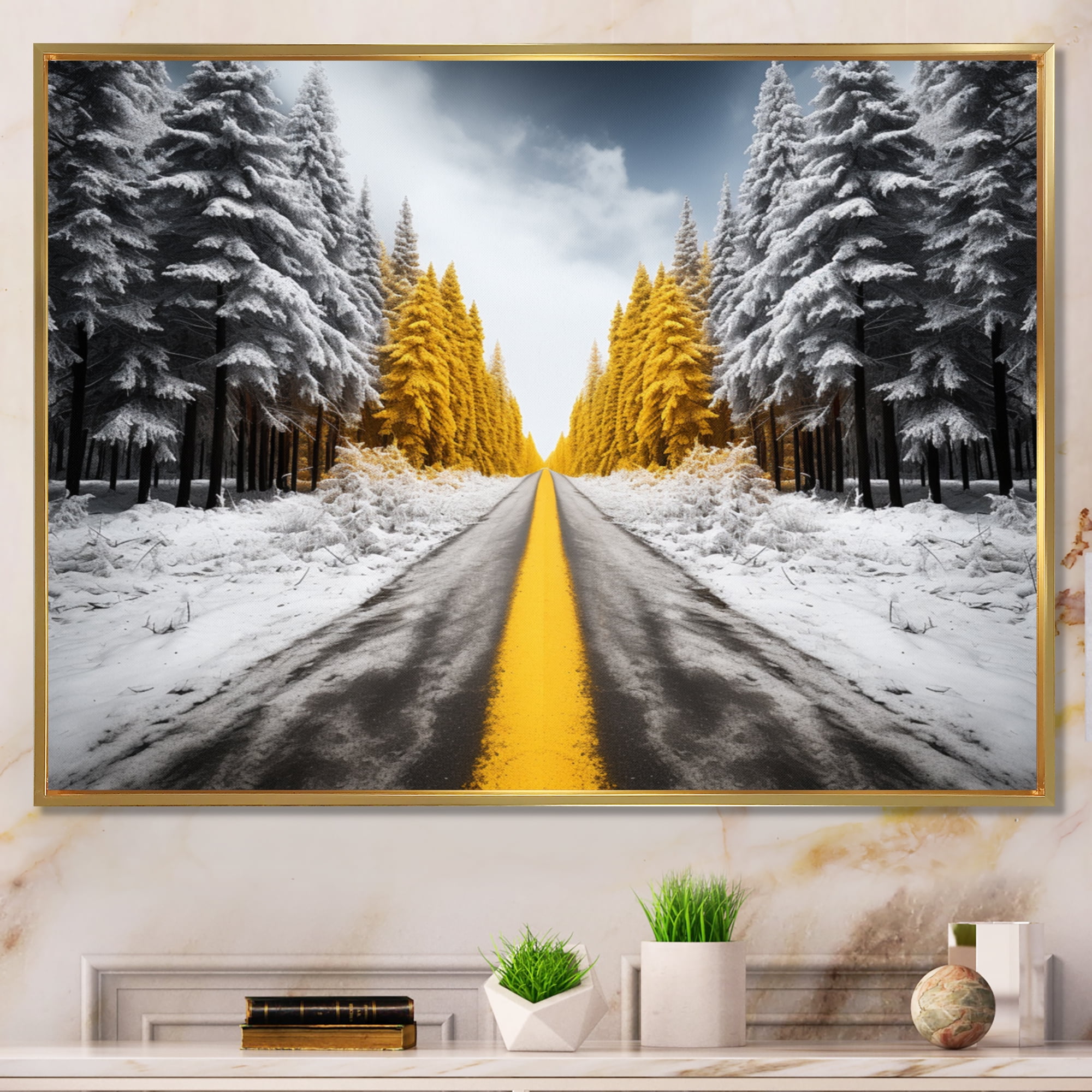 Designart "Forest Path Road Through Yellow White Forest I" Landscapes ...