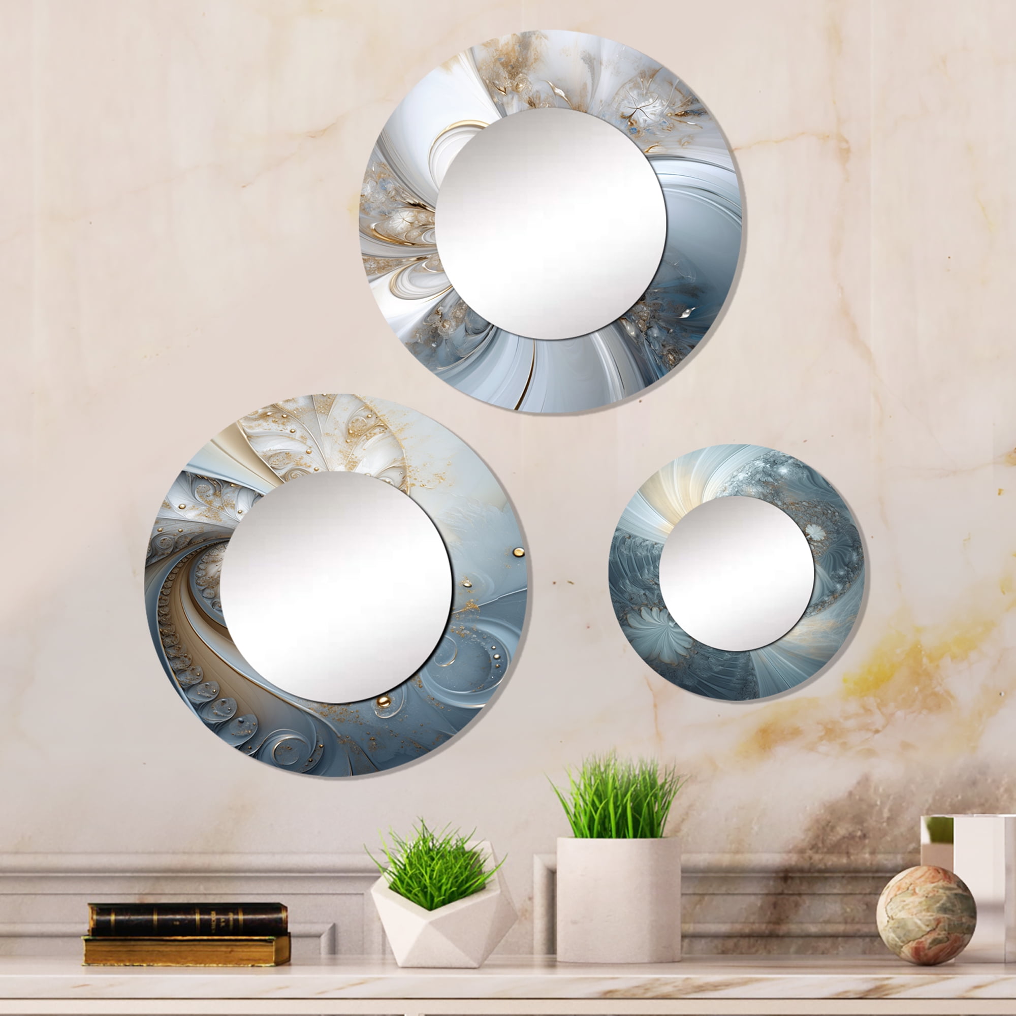 Designart "Fractal Spiral of Cosmic Harmony" Fractals Round Mirror Set ...