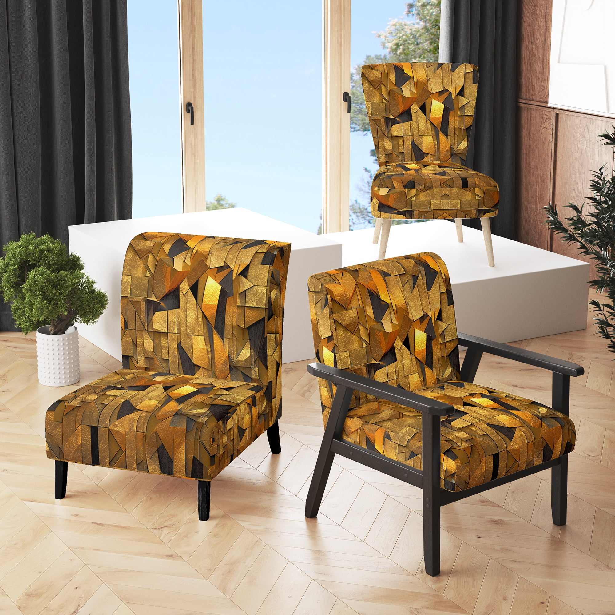 Designart "Fractal Tide in Gold and Black VI" Gold patch Upholstered ...