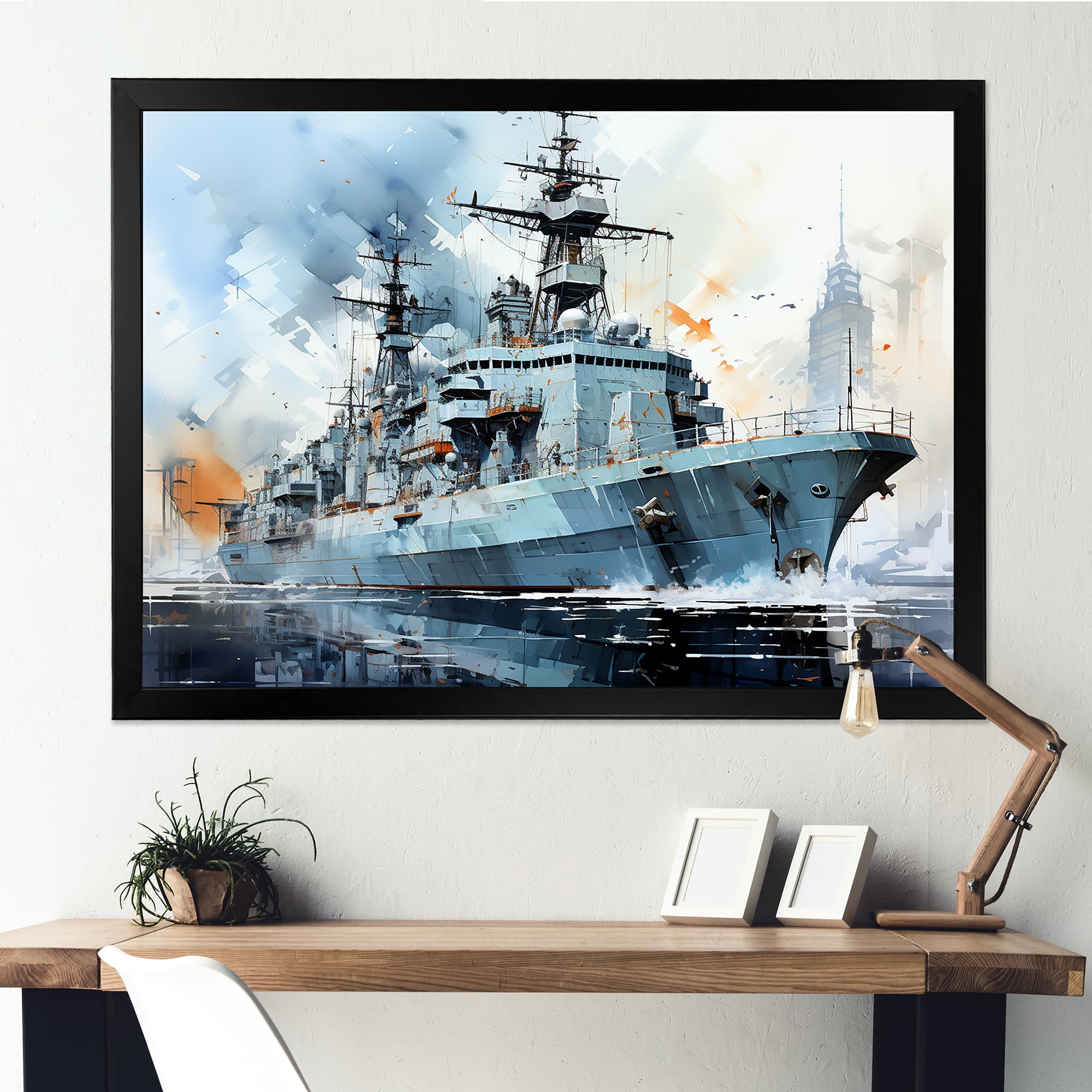 Designart "Frigate Boat of Navy Army I" Americana Framed Wall Art Decor ...