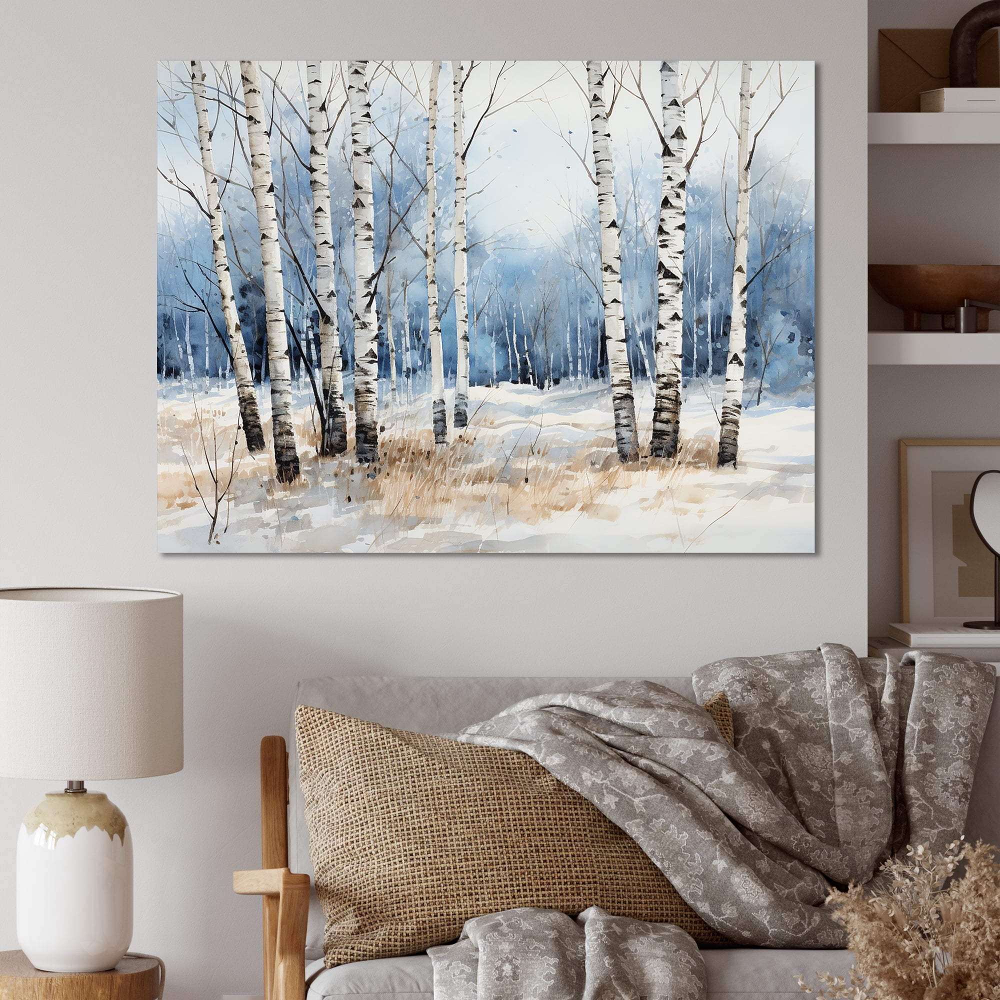 Designart "Frosted Blue Birch Scene" Tree Birch Canvas Art Print ...
