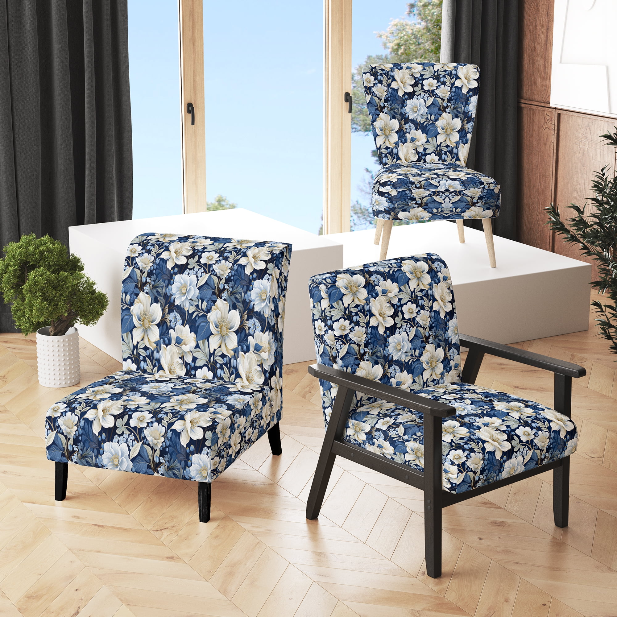 Designart "Frosty Floral Wonderland I" Blue Floral Upholstered Accent ...