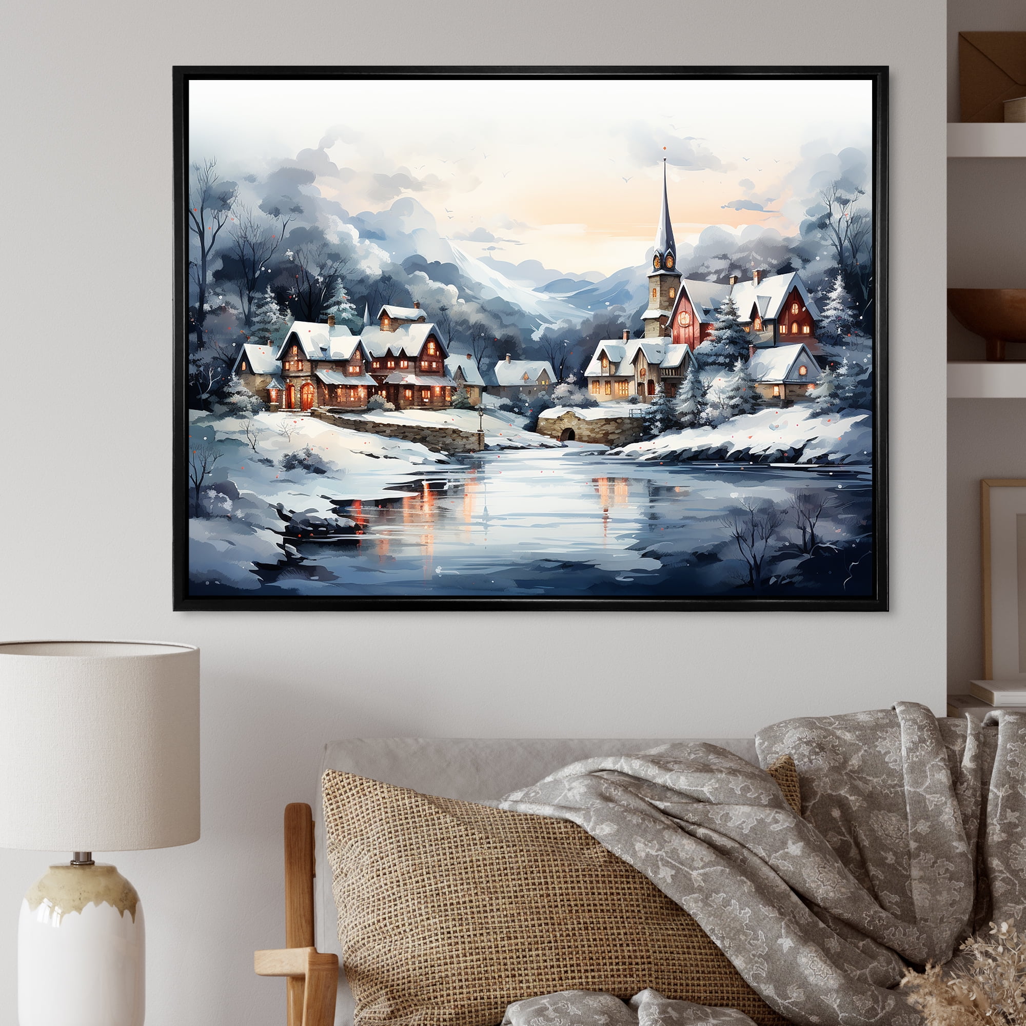 Designart "Frosty Holiday Village Delight I" Landscapes Framed Wall Art ...