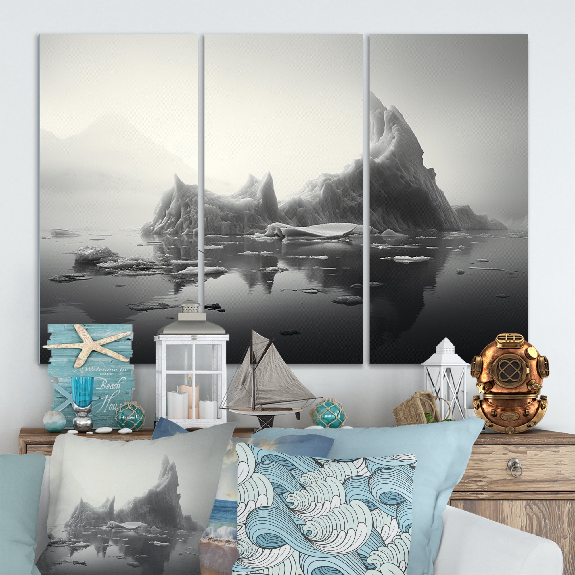 Designart "Frozen Serenity Grey Iceberg" Landscapes Metal Art Print Set ...