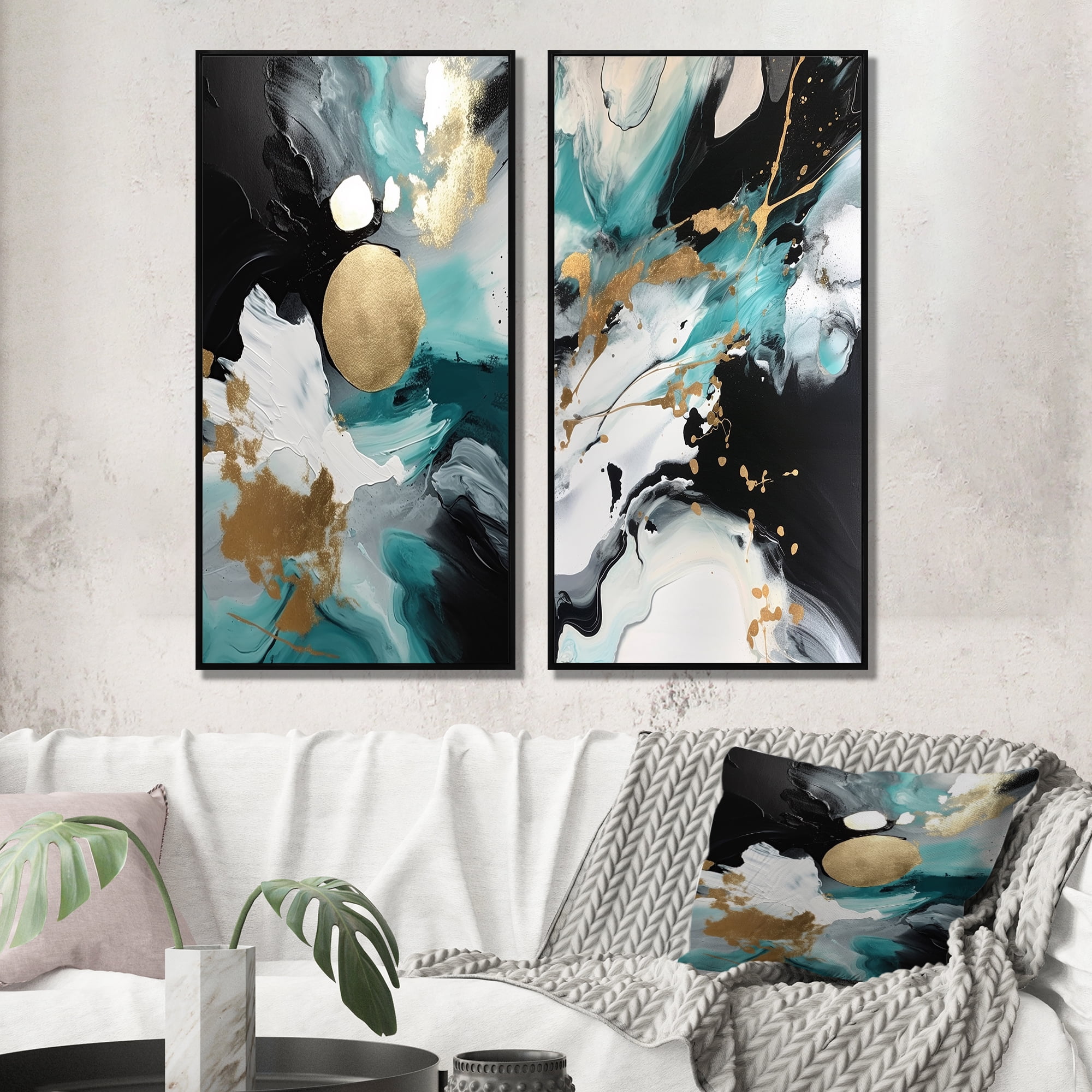 Designart "Full Moon Delight Gold & Turquoise Abstraction II" Abstract ...