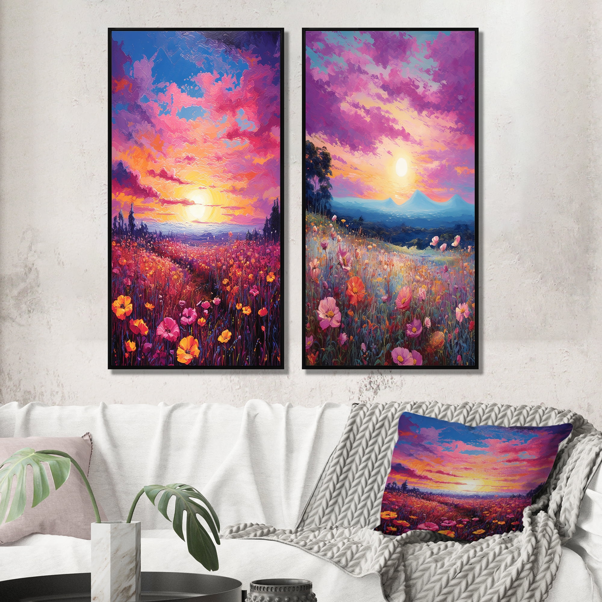 Designart "Full Moon Magic Over Blossoming Meadows I" Flower Field ...