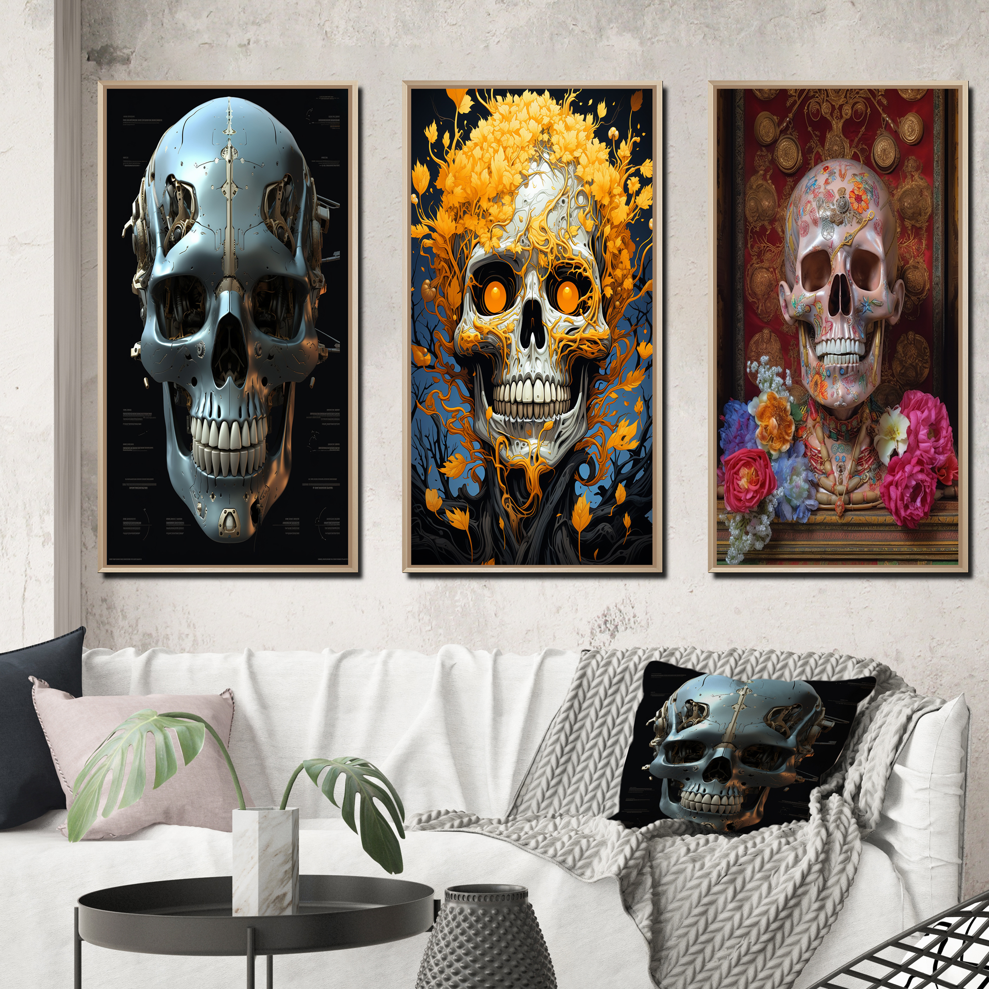 Designart "Funky Halloween Smiling Cyborg Skull I" Skull Framed Wall ...