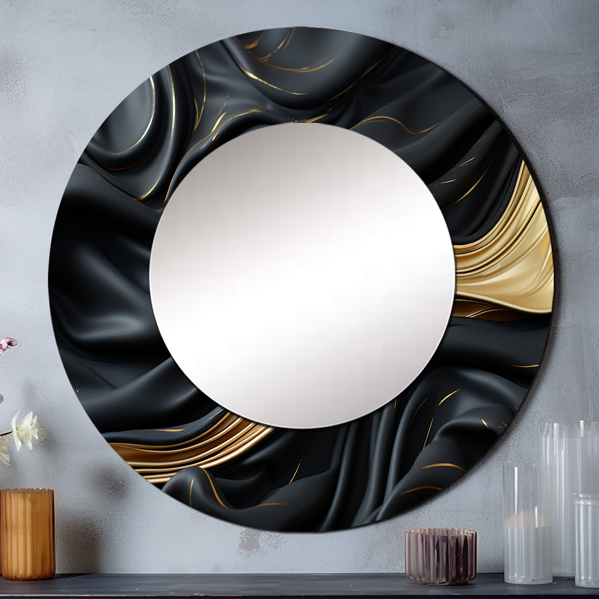 Designart "Fusion Of Gold And Black Gentle Waves" Abstract Shapes Black ...