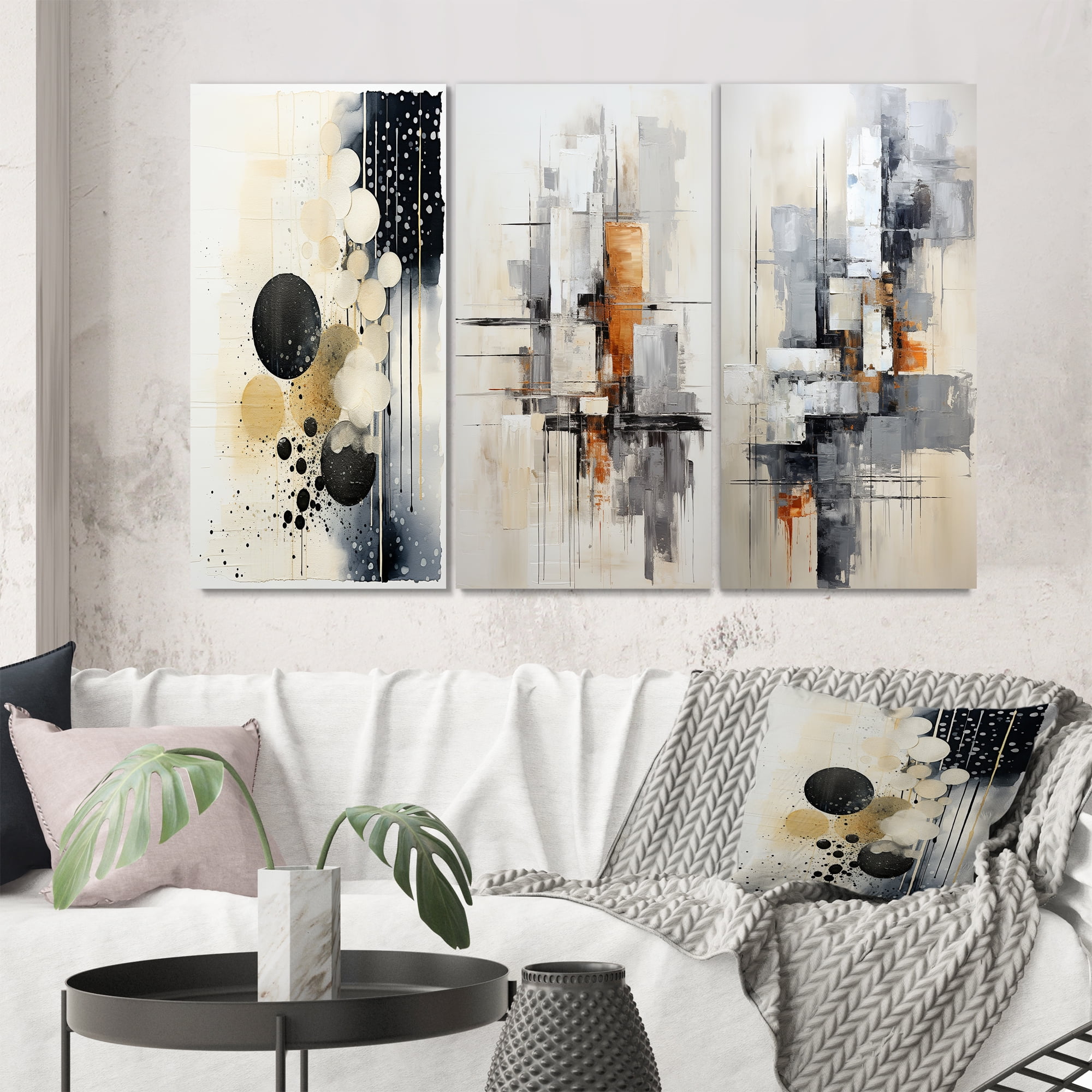 Designart " Fusion I" Abstract Collages Wall Art Set Of 3 - Black ...