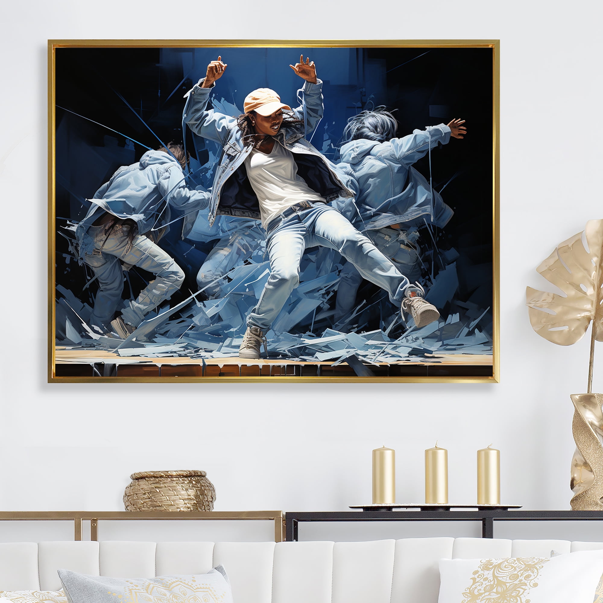 Designart "Fusion Of Black And Blue Breakdance II" Dance Floater Framed ...