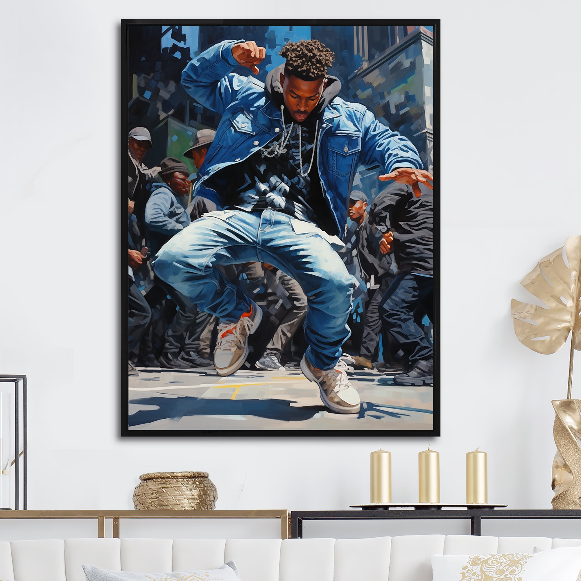Designart "Fusion Of Black And Blue Breakdance V" Dance Floater Framed ...