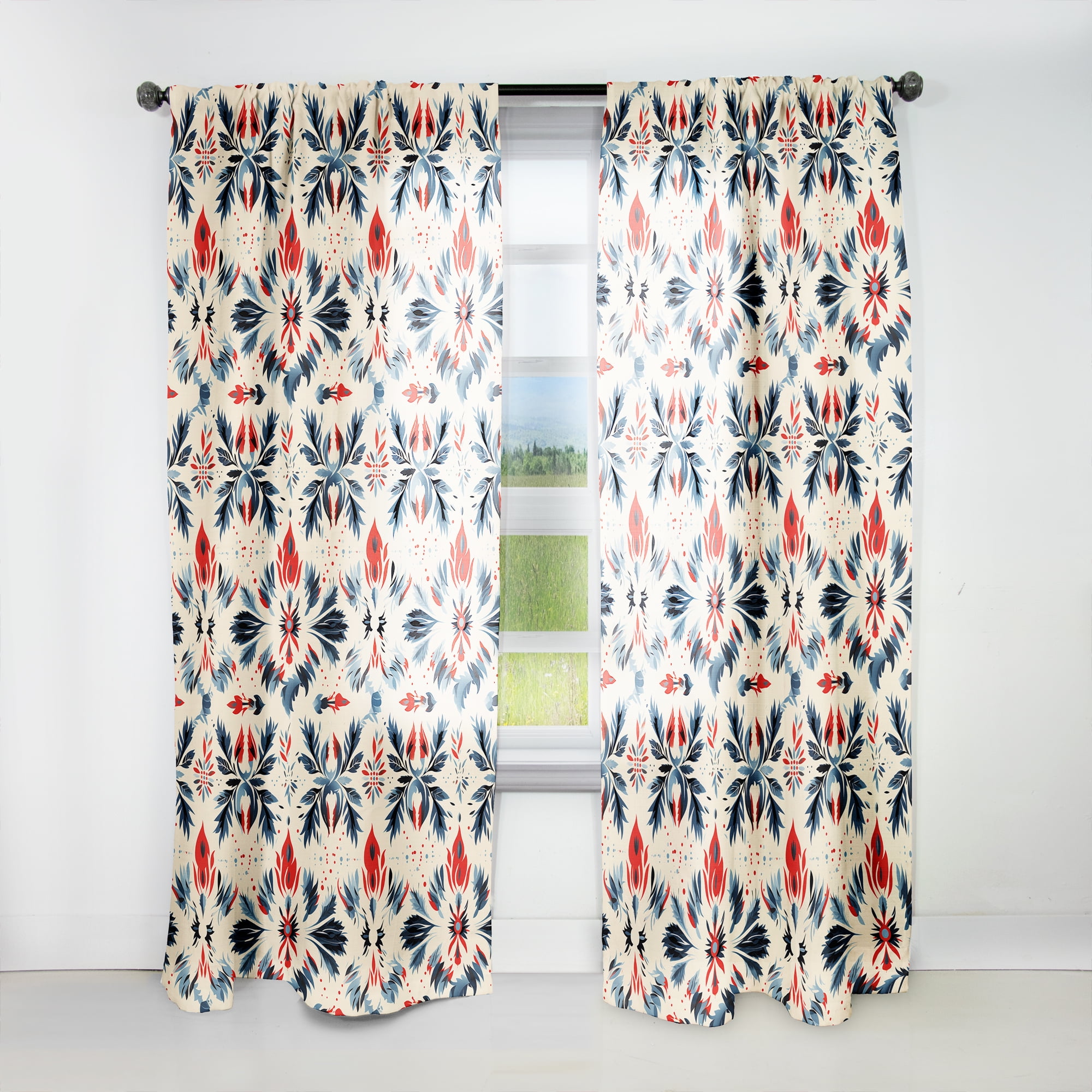 Designart "Fusion Of Blue Ikat Tribes" Ikat Room Darkening Curtain ...