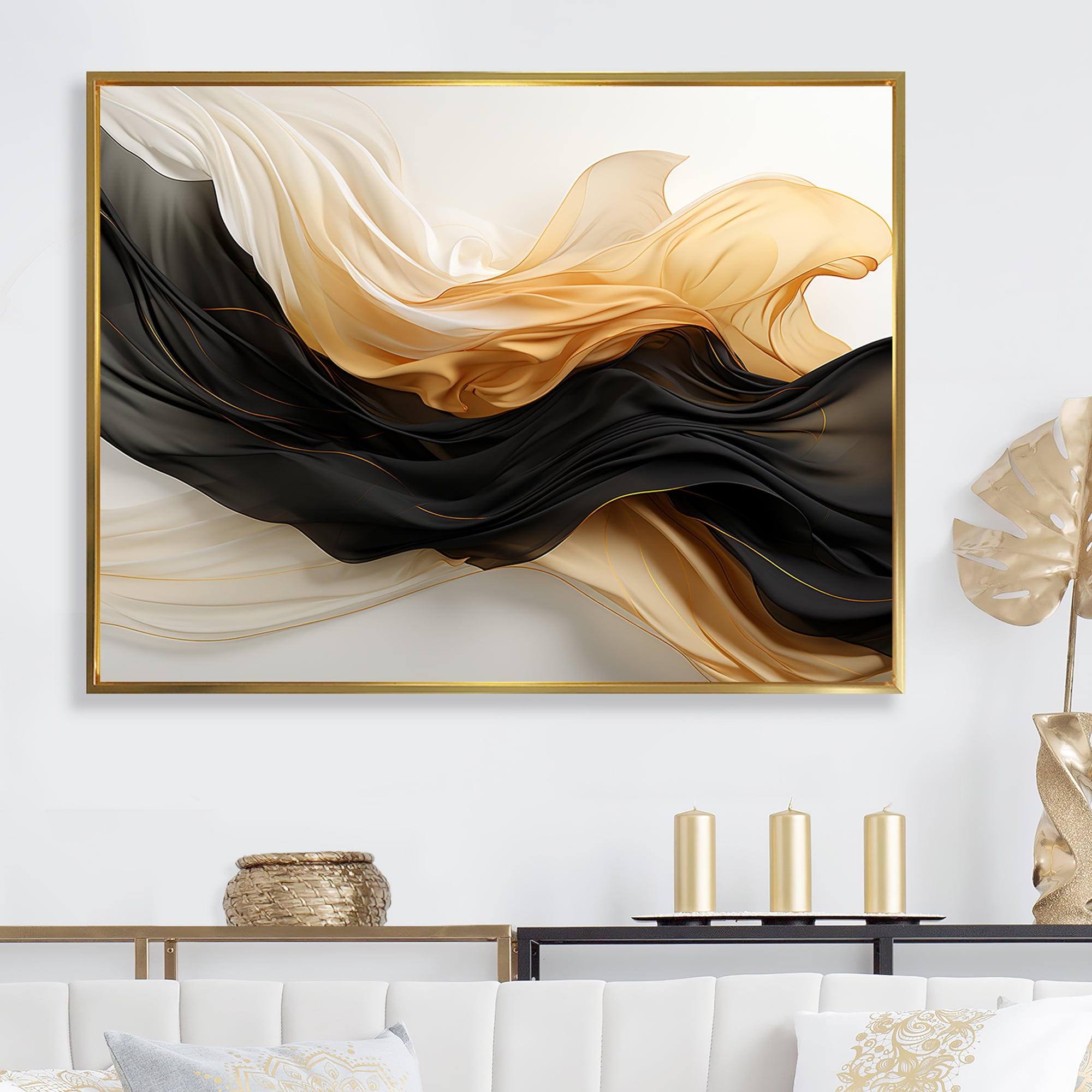 Designart "Fusion Of Gold And Black Gentle Waves IV" Abstract Shapes ...