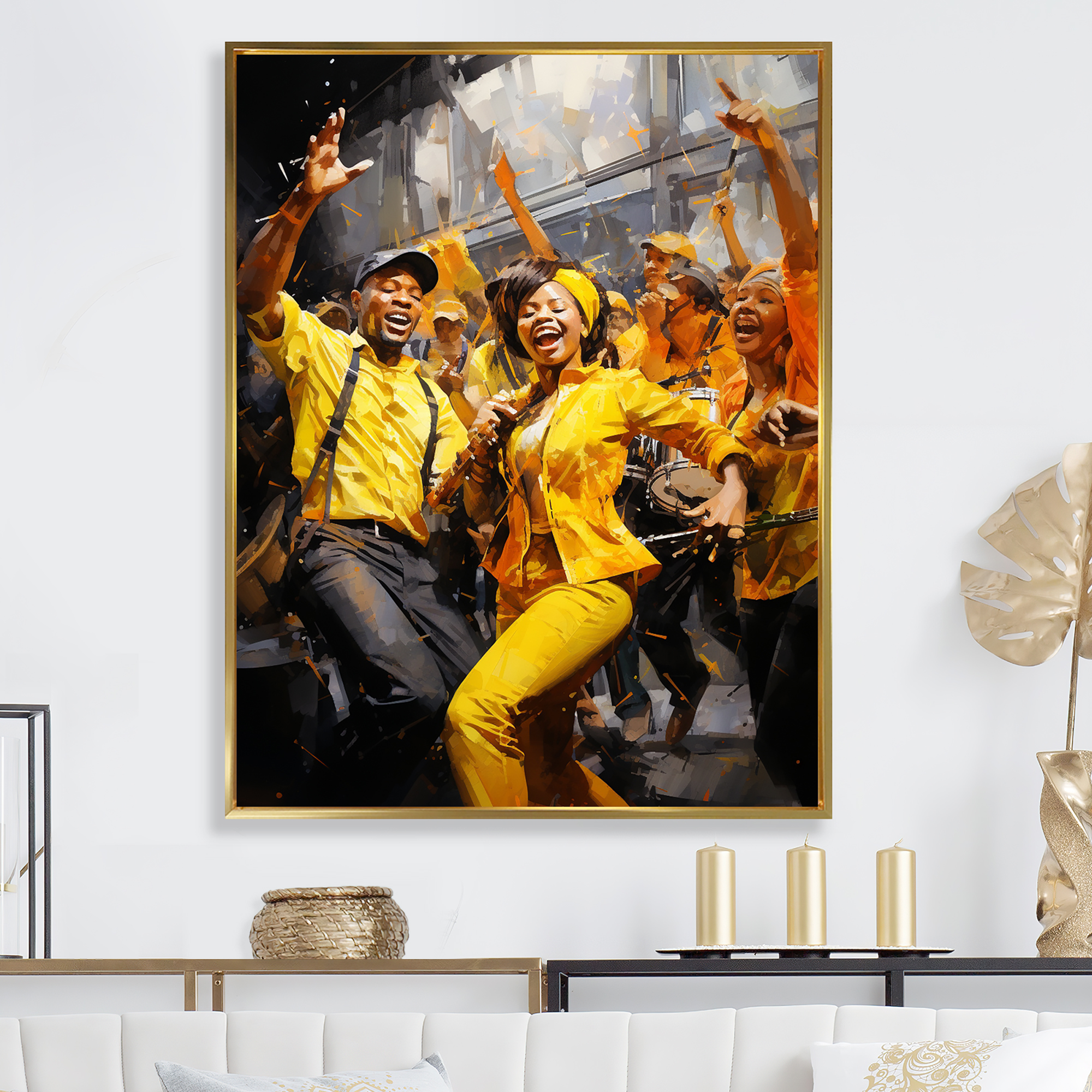 Designart "Fusion Of Yellow Jazz Dance II" Dance Floater Framed Wall ...