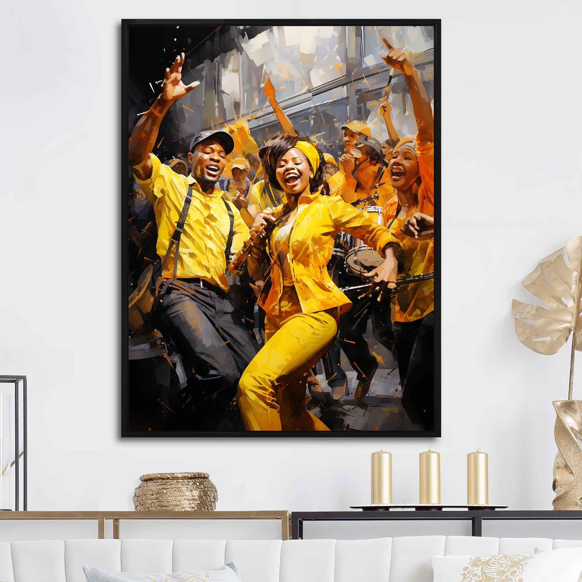 Designart "Fusion Of Yellow Jazz Dance II" Dance Floater Framed Wall ...