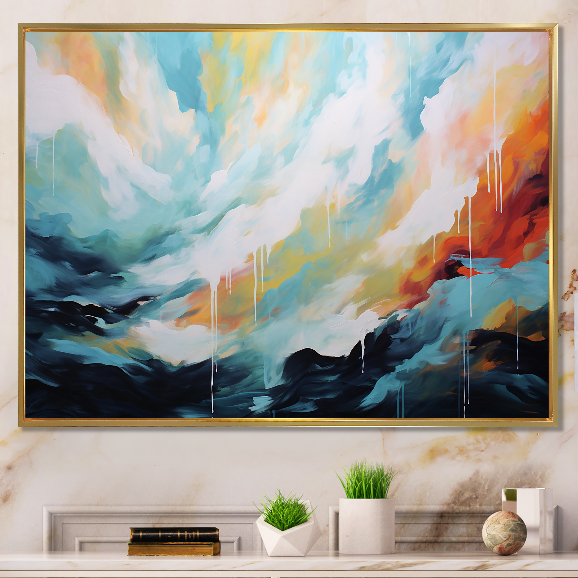 Designart "Fusion of Azure Blue and White I" Abstract Framed Wall Art ...