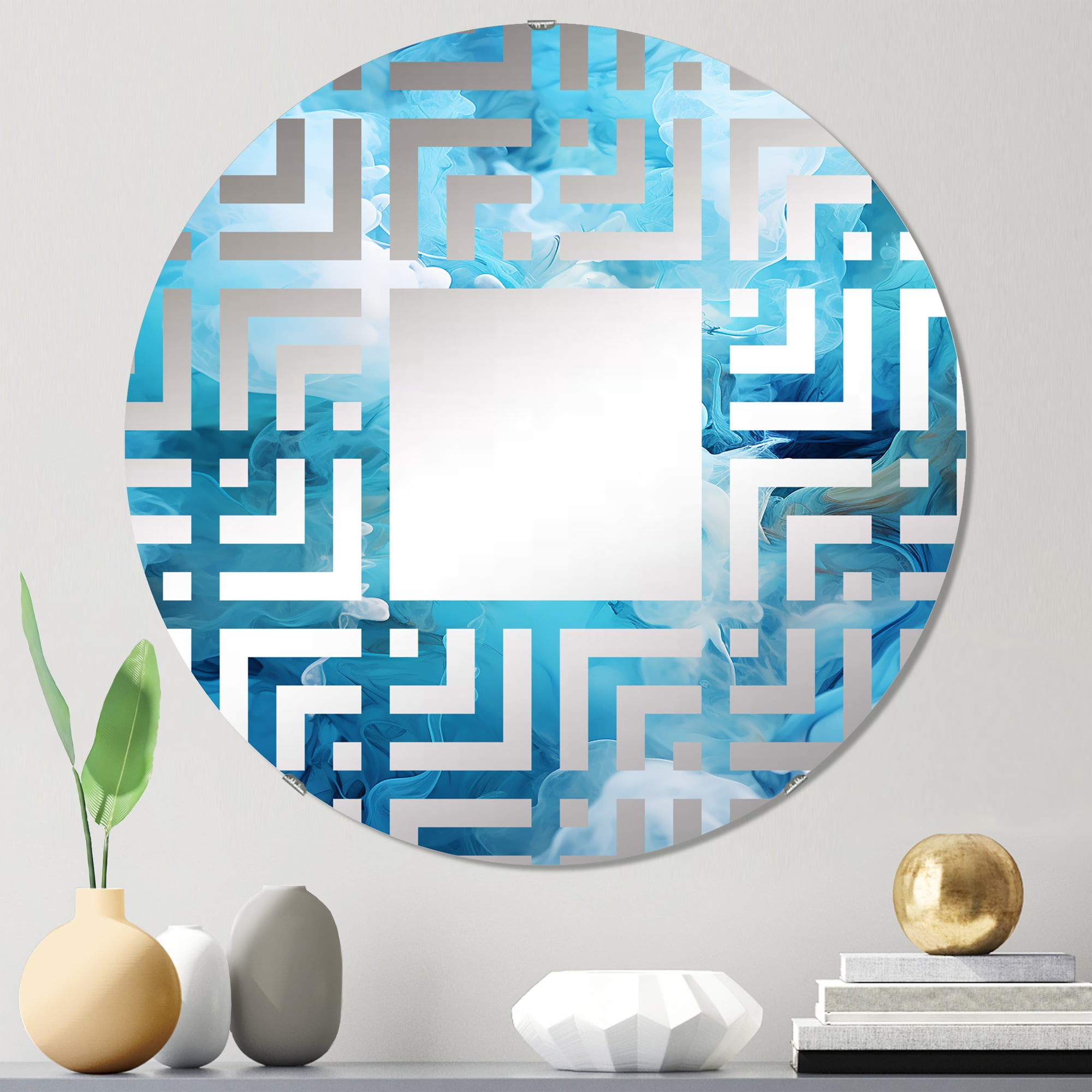 Designart "Fusion of Marine Blue and White" Abstract Shapes Maze Round ...