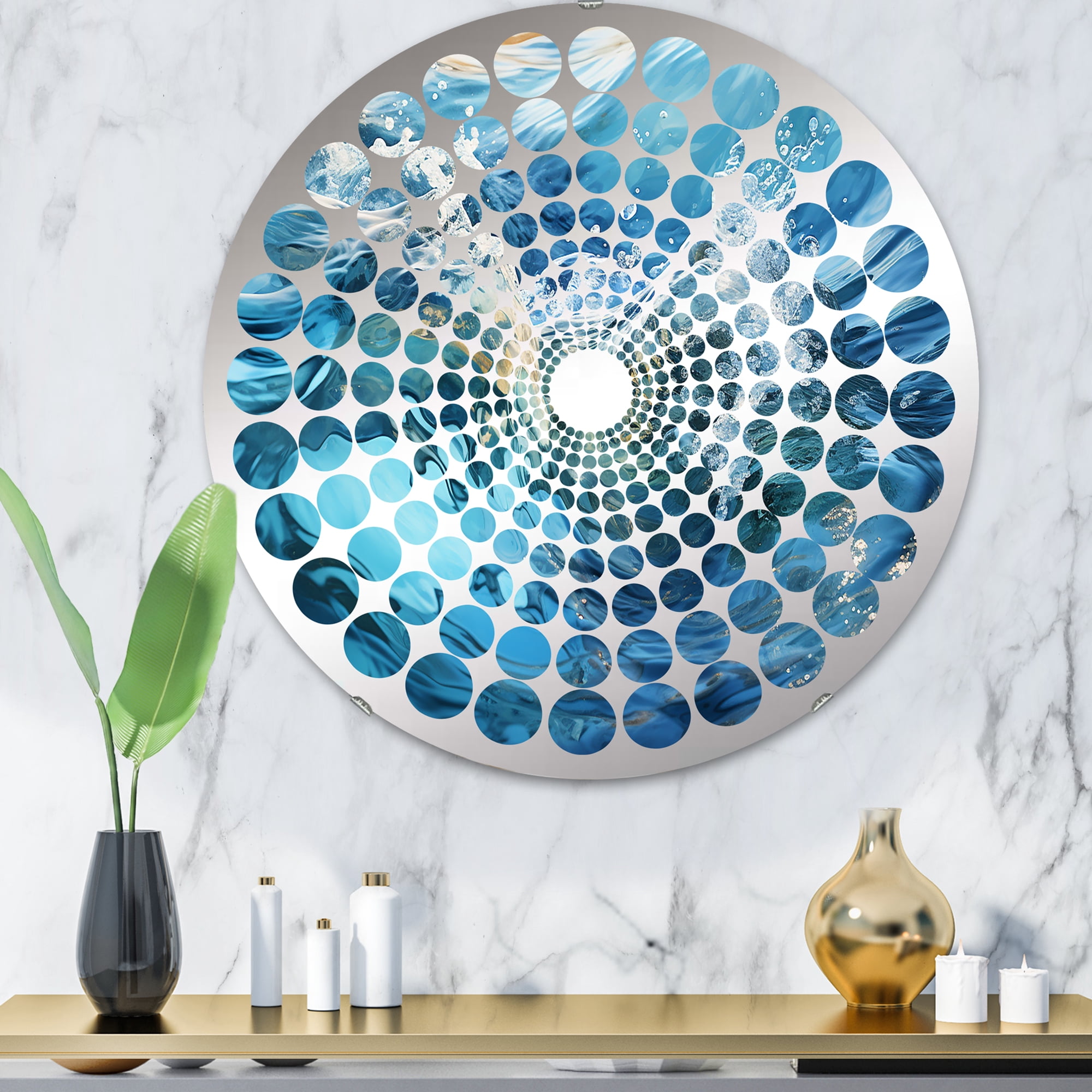 Designart "Fusion of Marine Blue and White IV" Ocean Radial Dot Round ...
