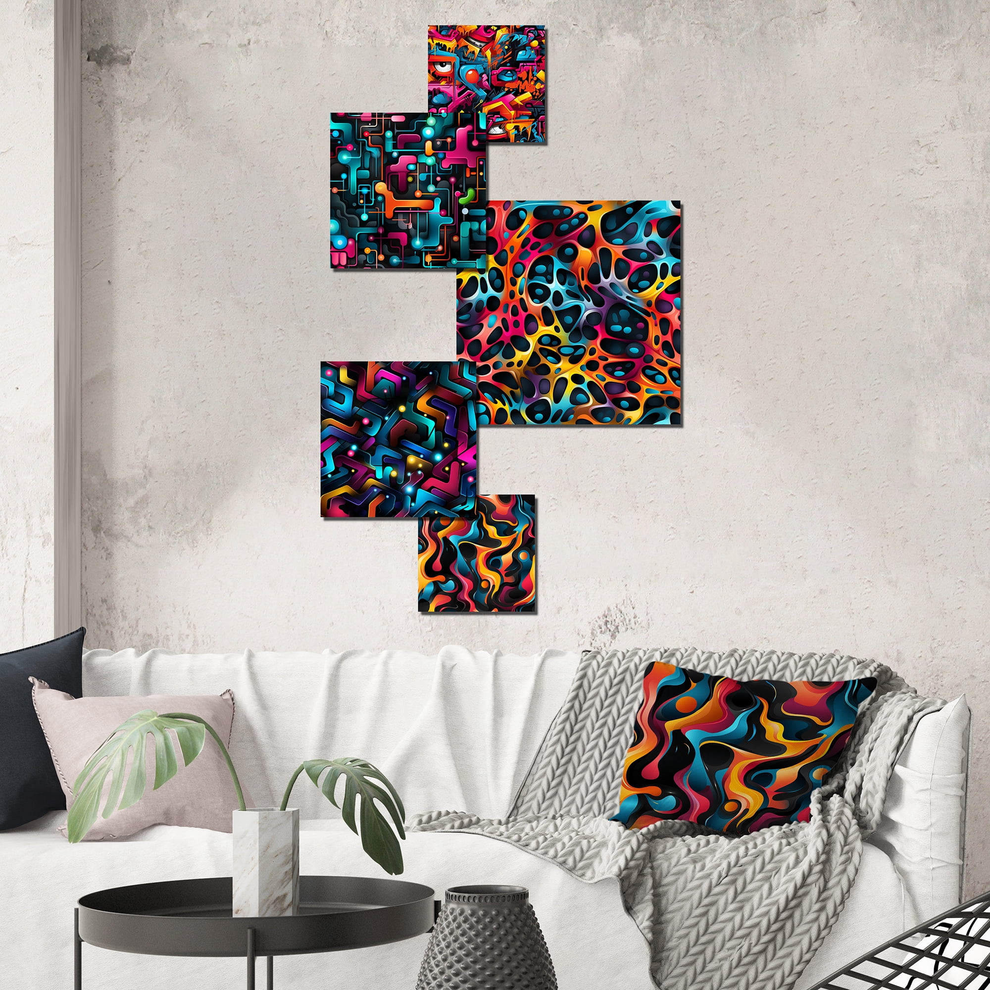 Designart "Fusion of Neon Graffiti in Pop Art V" Geometric Wall Art Set ...