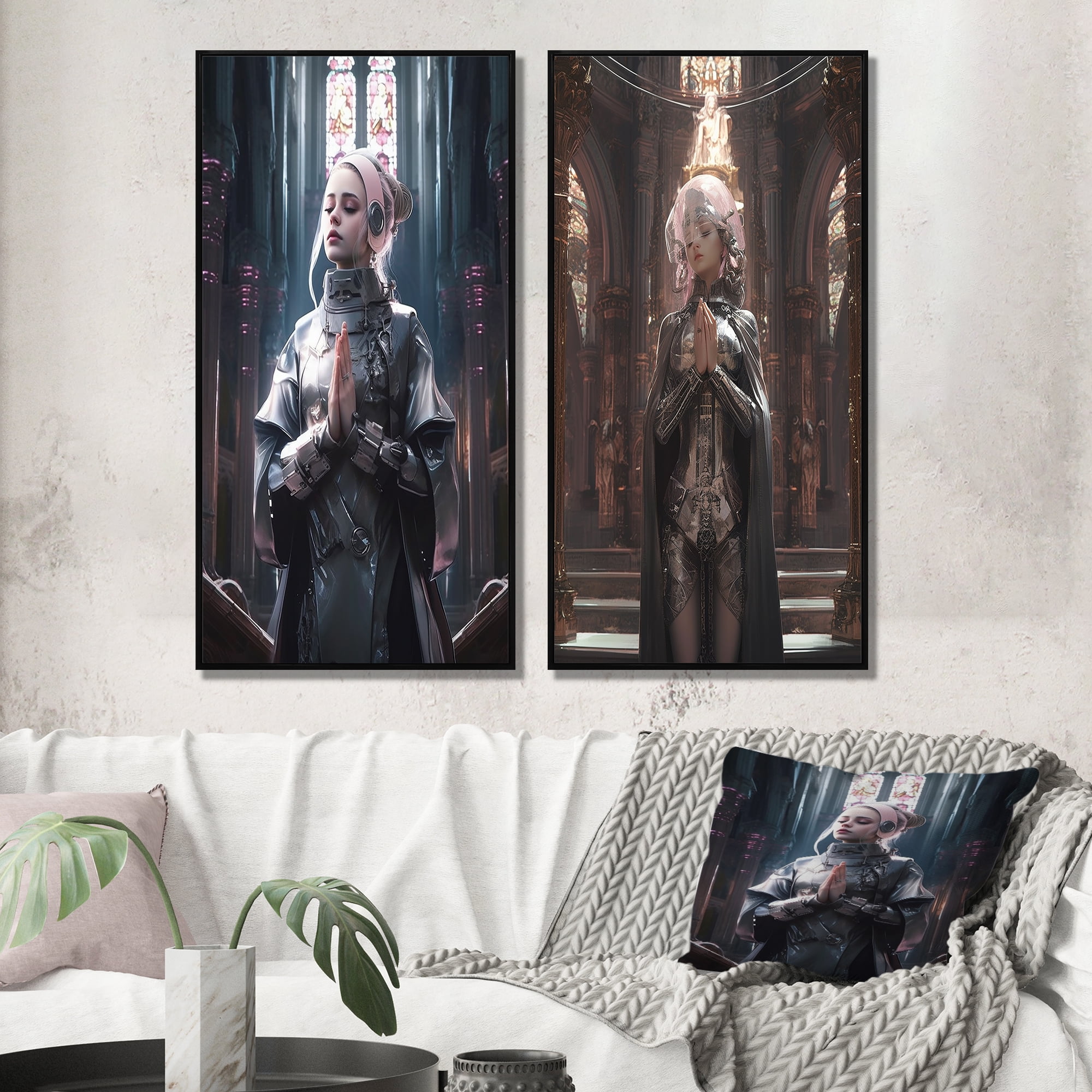 Designart "Futuristic Nun Prayer in Modern Cathedral III" Christianism ...
