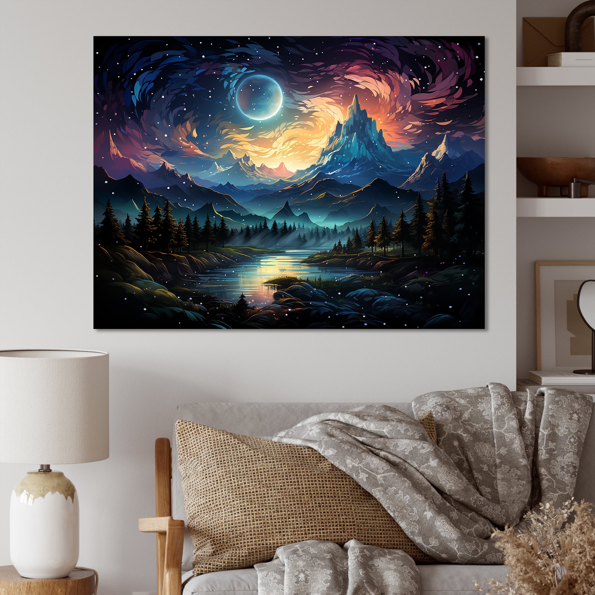 Designart "Galactic Glow Yellow Mountain Moon I" Oversized Landscapes ...