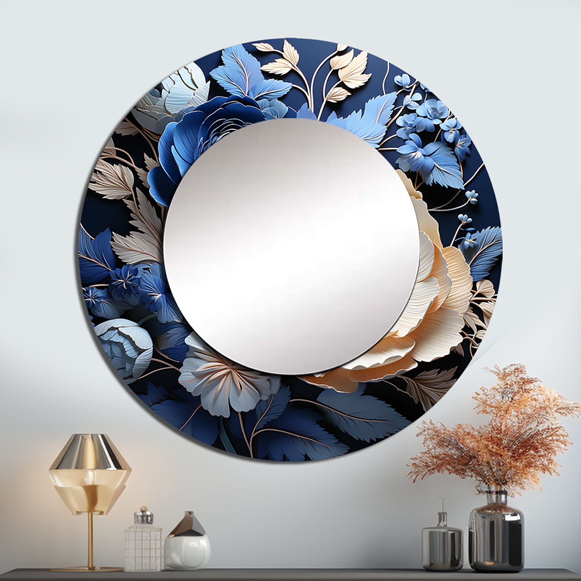 Designart "Gathered Petal Elegance" Ranunculus Blue Large Round Mirror ...