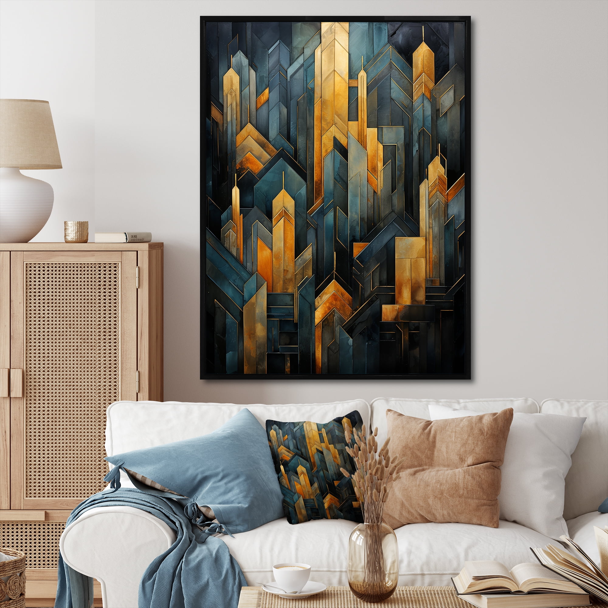 Designart "Geometric Arches In Black And Gold" Abstract Shapes Floater ...