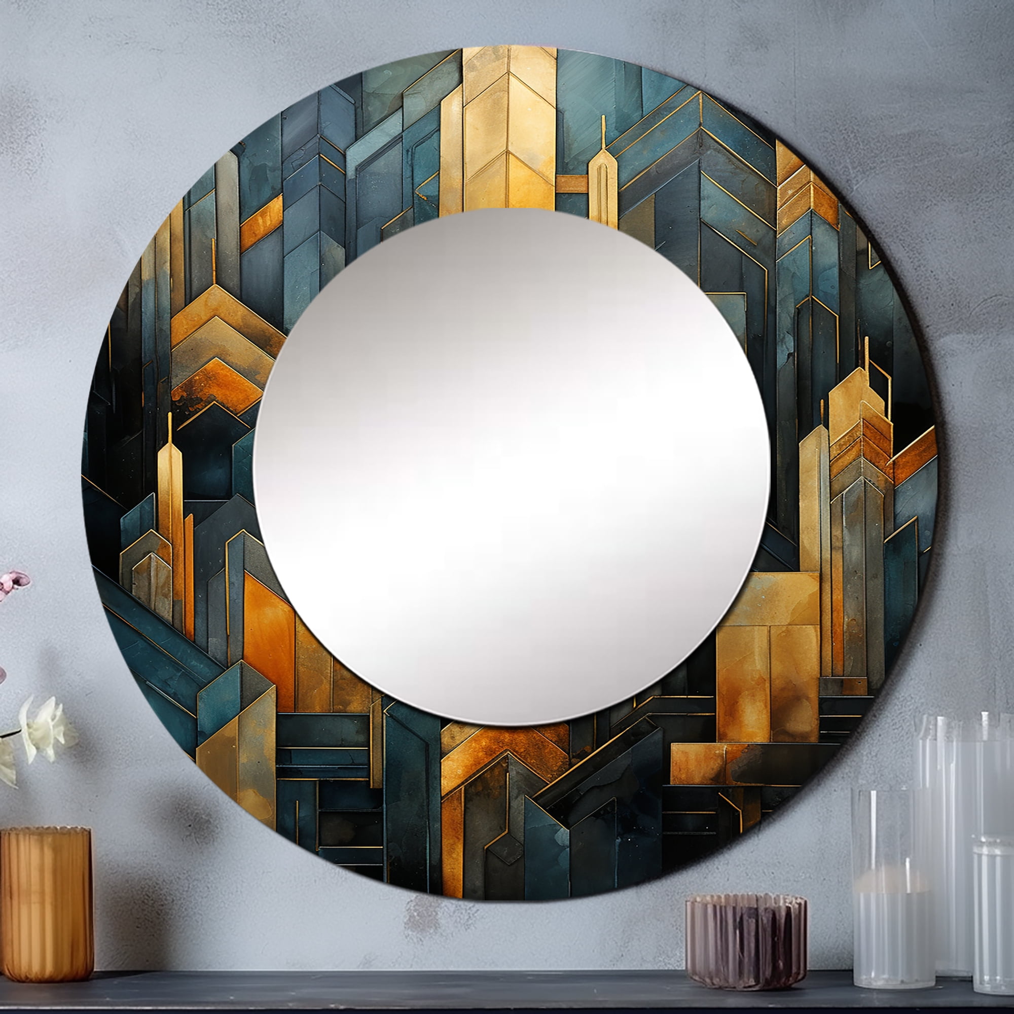 Designart "Geometric Arches In Black And Gold" Abstract Shapes Round ...