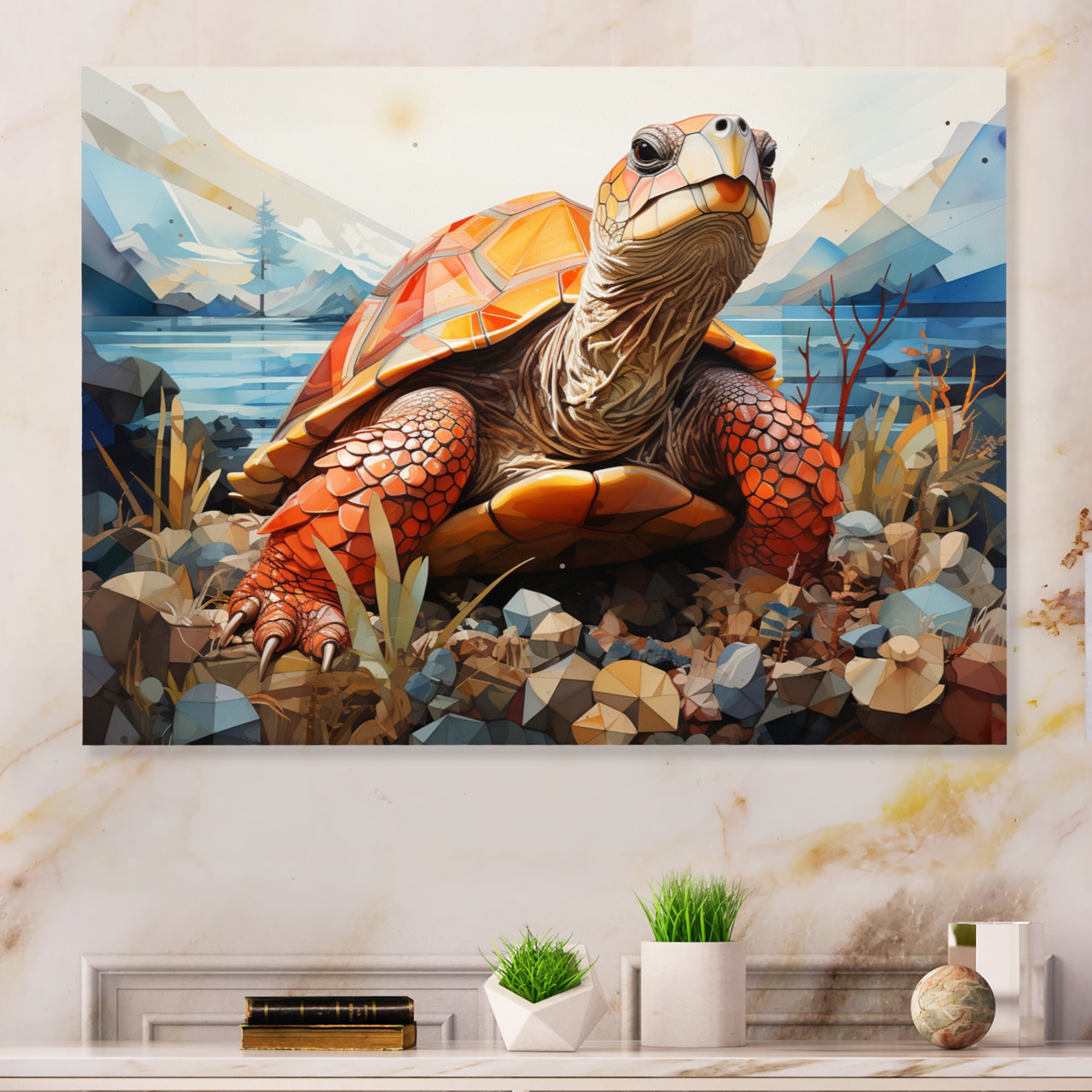 Designart "Geometric Beach Turtle Portrait" Animals Metal Art Living ...