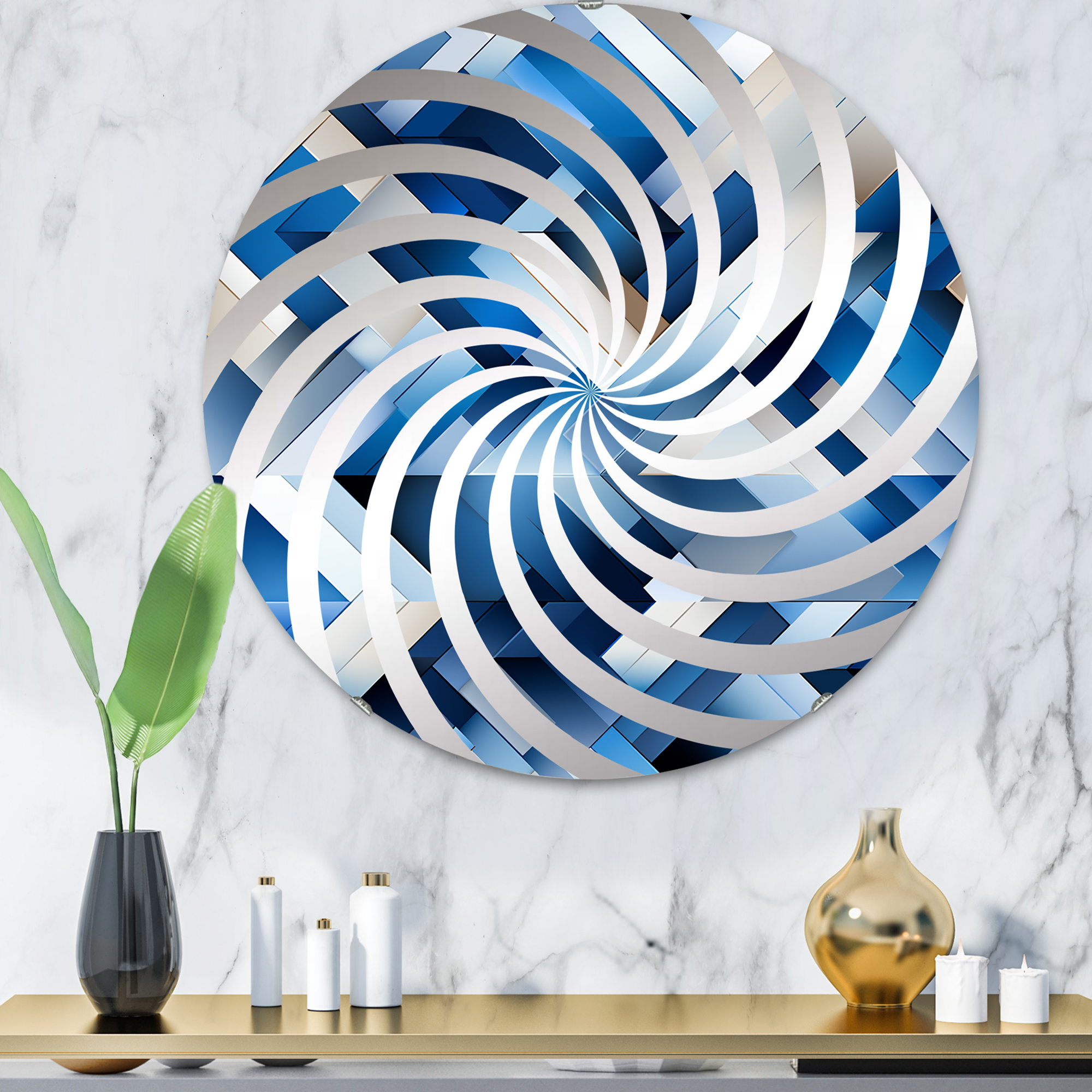 Designart "Geometric Diamonds in Blue and White" Geometric Vortex Round ...
