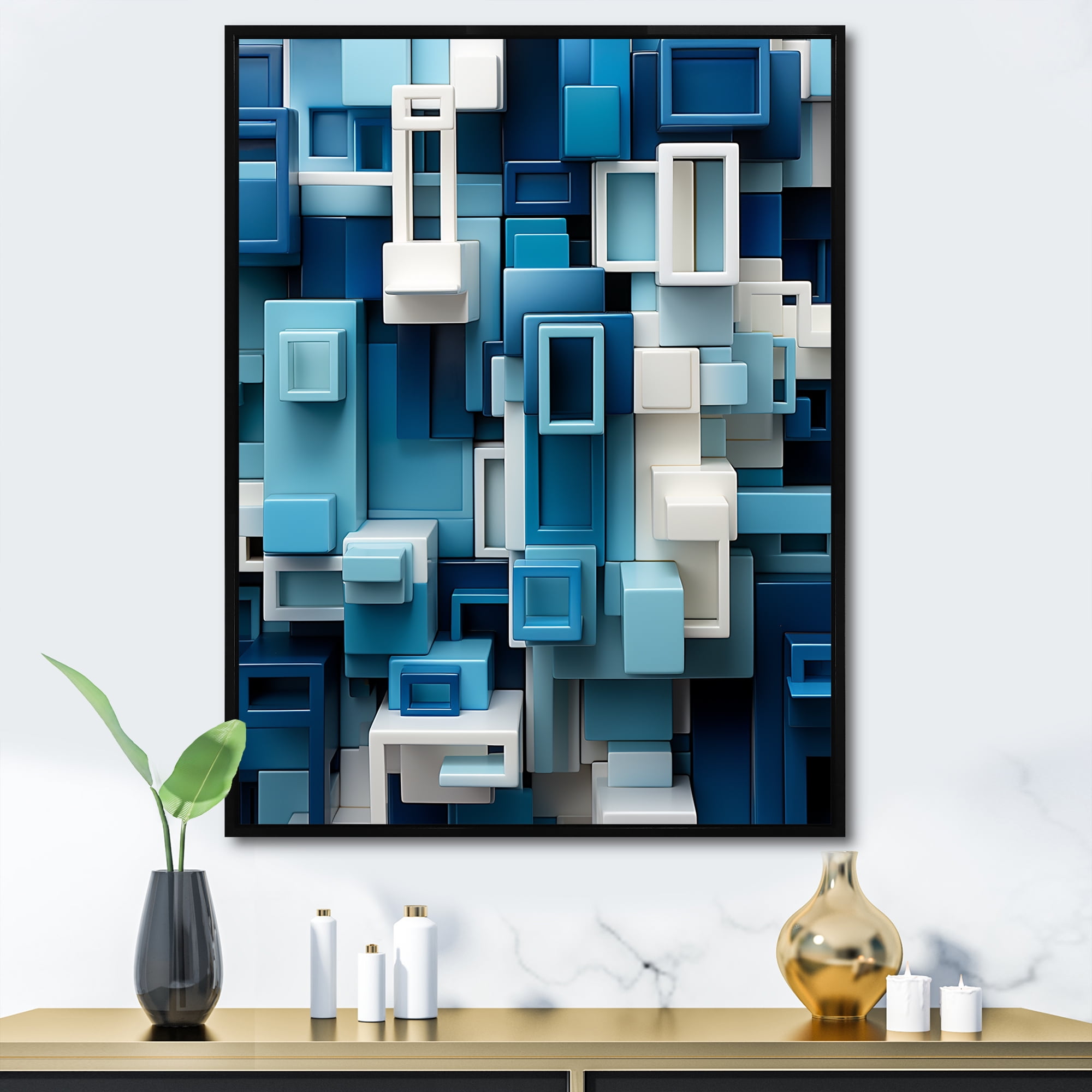 Designart "Geometric Focus Op Art Blue" Abstract Floater Framed Wall ...