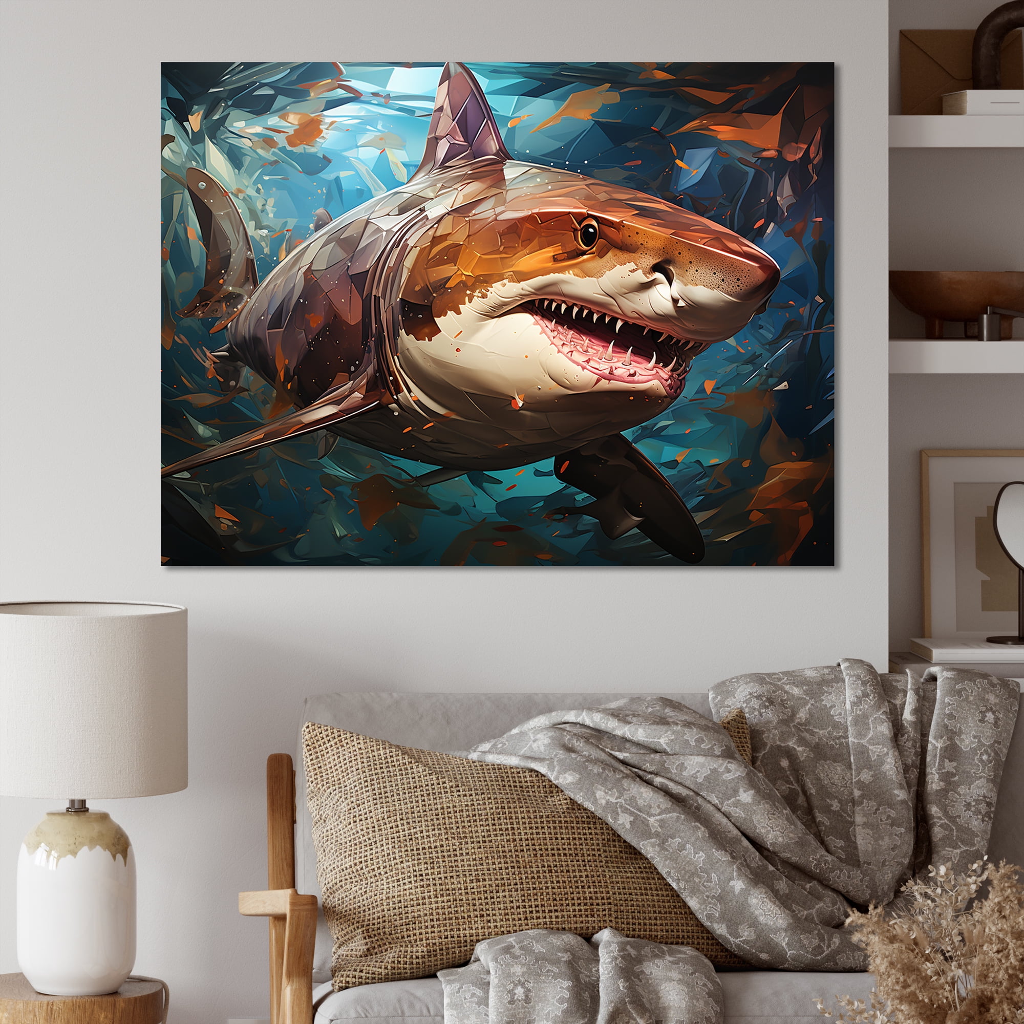 Designart "Geometric Glare Blue Shark Predators III" Animals Wall Art ...